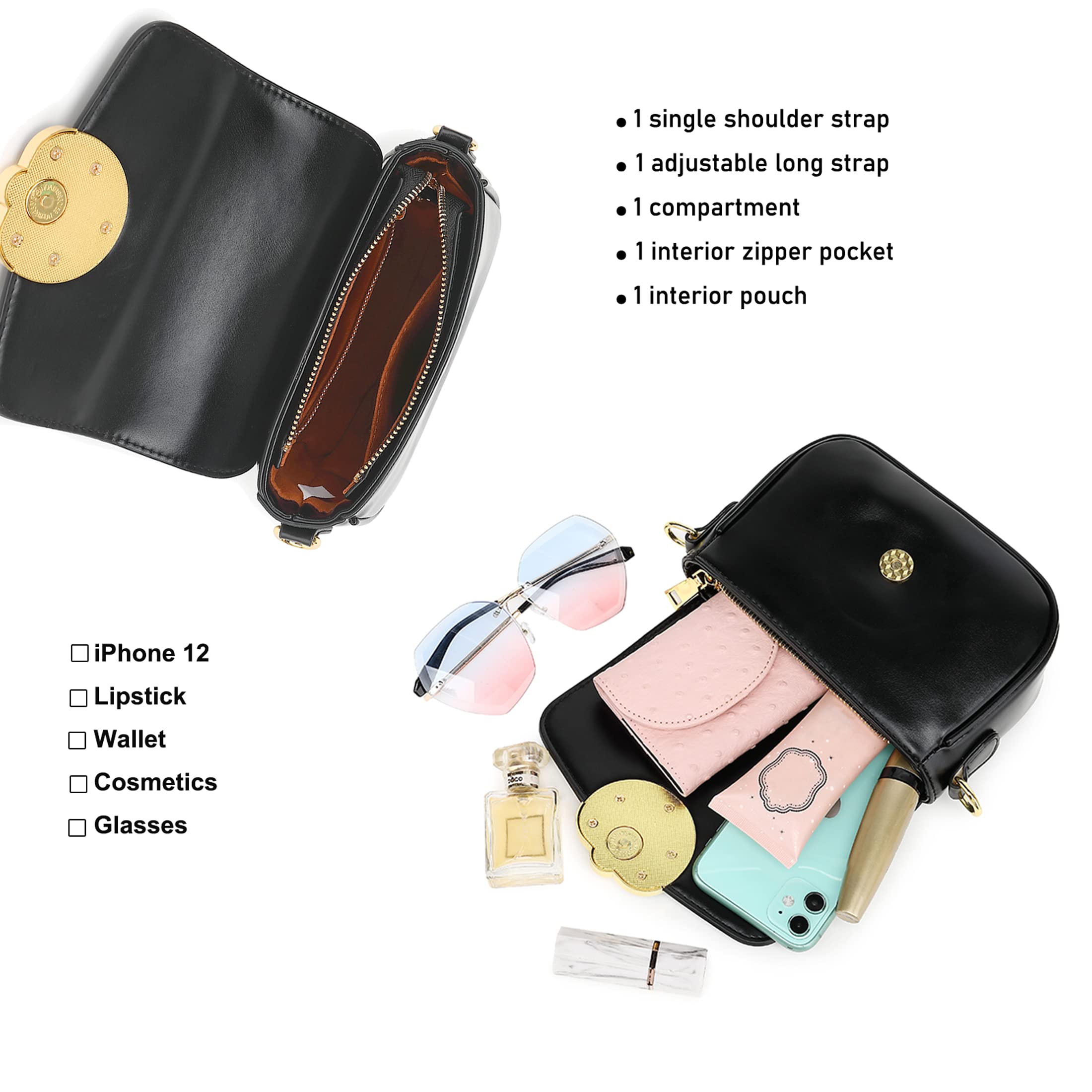 LL LOPPOP Small Stylish Designer Purses Crossbody Bags, Mini Shoulder and Evening Bag for Women with Wide Strap 204101 Black