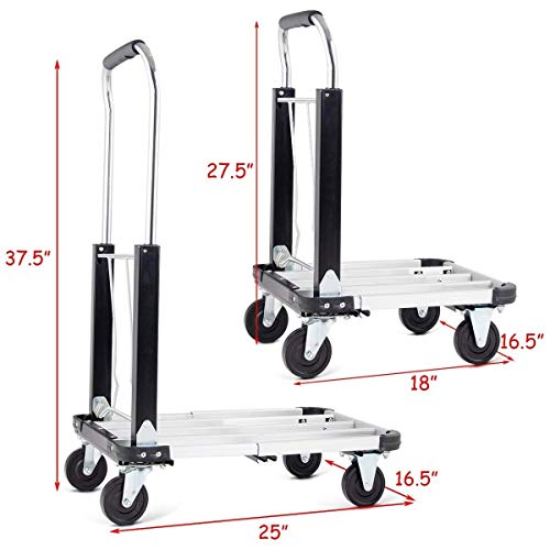 HWZQHJY Folding Aluminum Platform Truck, 4-Wheel Dolly Cart, Height and Length Adjustable, 330-lb Capacity, Silver