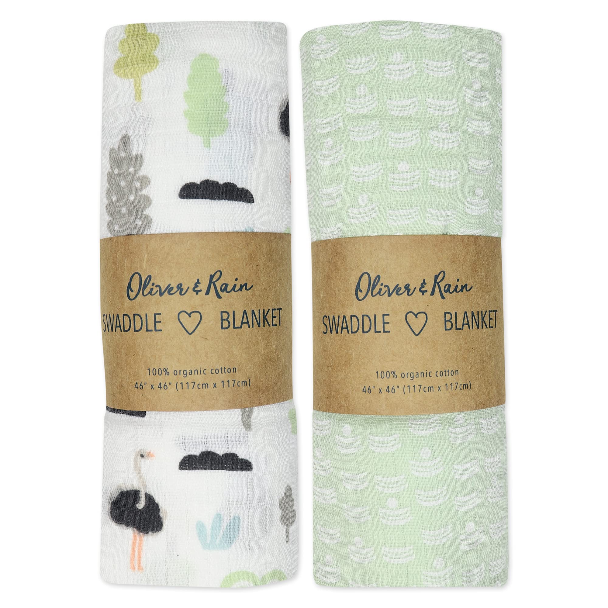 Oliver & Rain Organic Muslin Baby Boy Girl Unisex Swaddle Blankets 2 Pack Receiving Blankets Ostrich Print