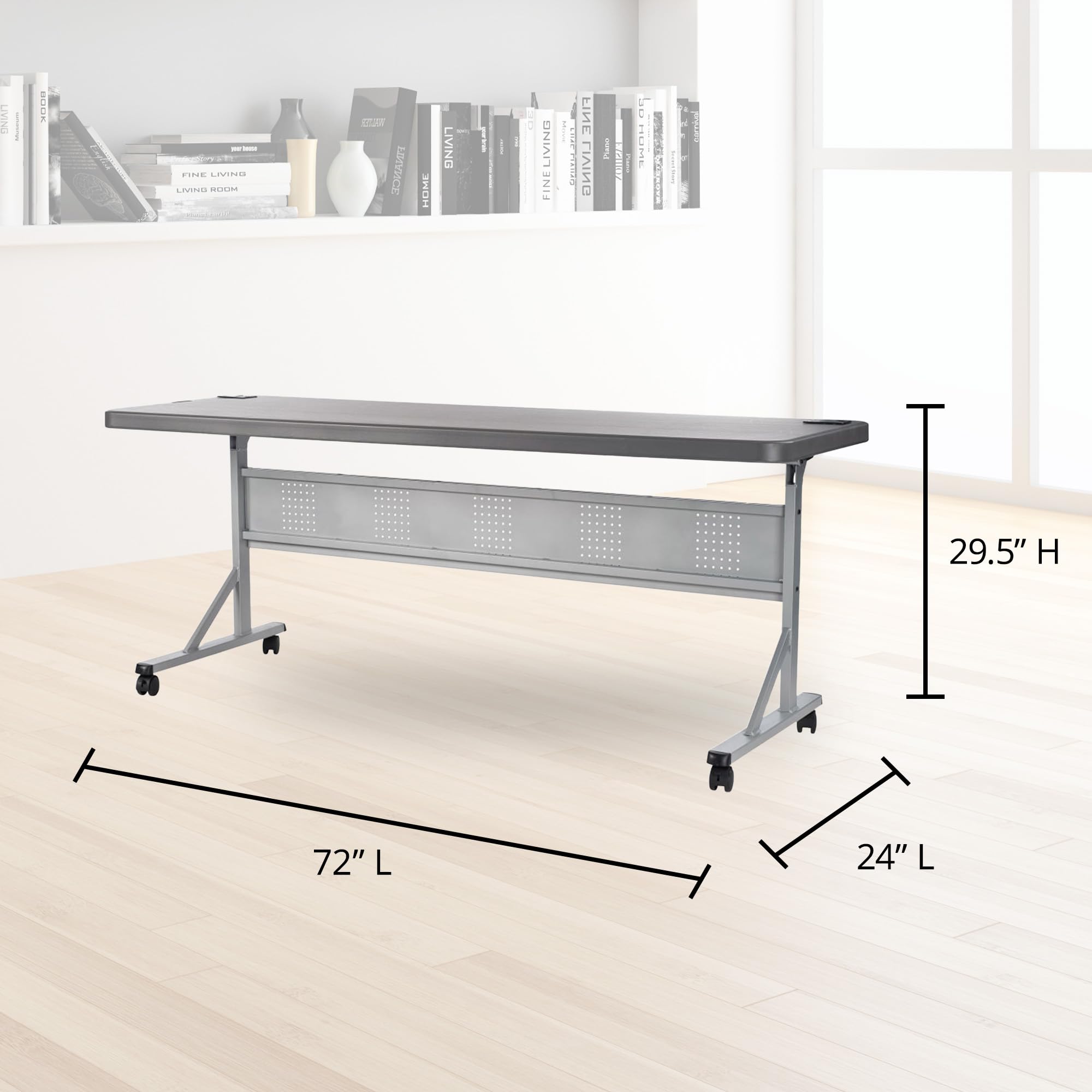 National Public Seating 24 x 72 Inch Flip N Store Blow-Molded Plastic Flipper Training Table with 4 Caster Wheels and 2 Grommet Holes, Charcoal Slate