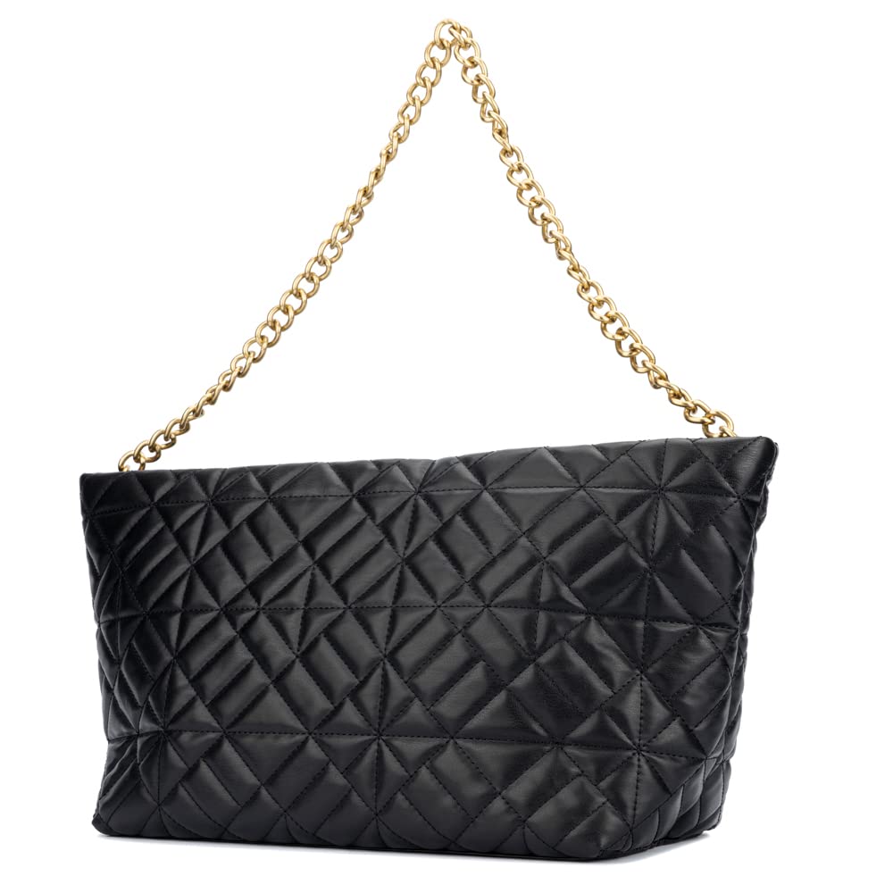 Olivia Miller Women's Fashion Mina PVC Quilted Black Shoulder Tote Bag w Chunky Gold Chain Strap, Medium Weekender Casual Purse Handbag