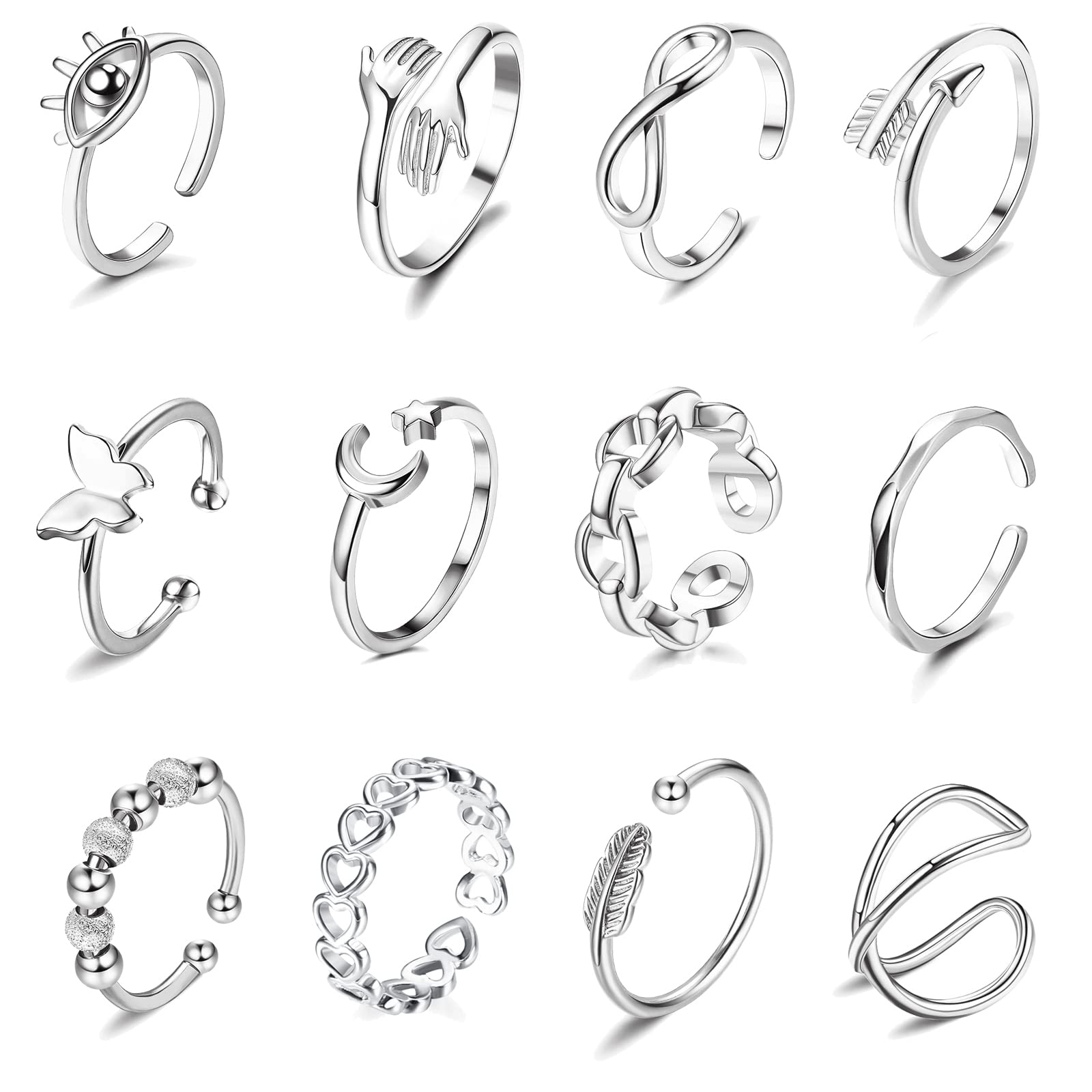 Kakonia 12PCS Adjustable Rings for Women Butterfly Stacking Rings Open Gold Silver Rings Set Simple Knuckle Rings Pack