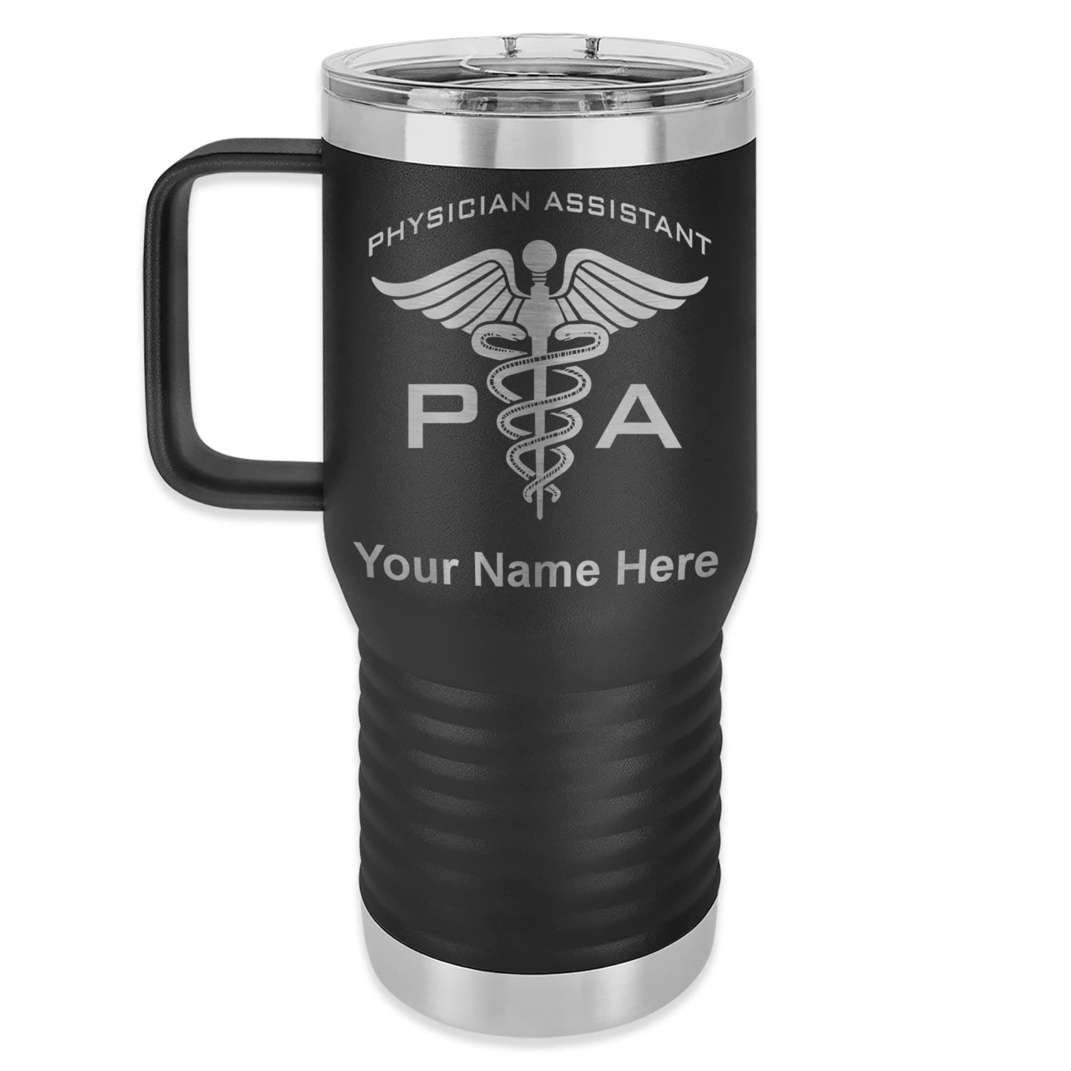LaserGram 20oz Vacuum Insulated Travel Mug with Handle, PA Physician Assistant, Personalized Engraving Included (Black)