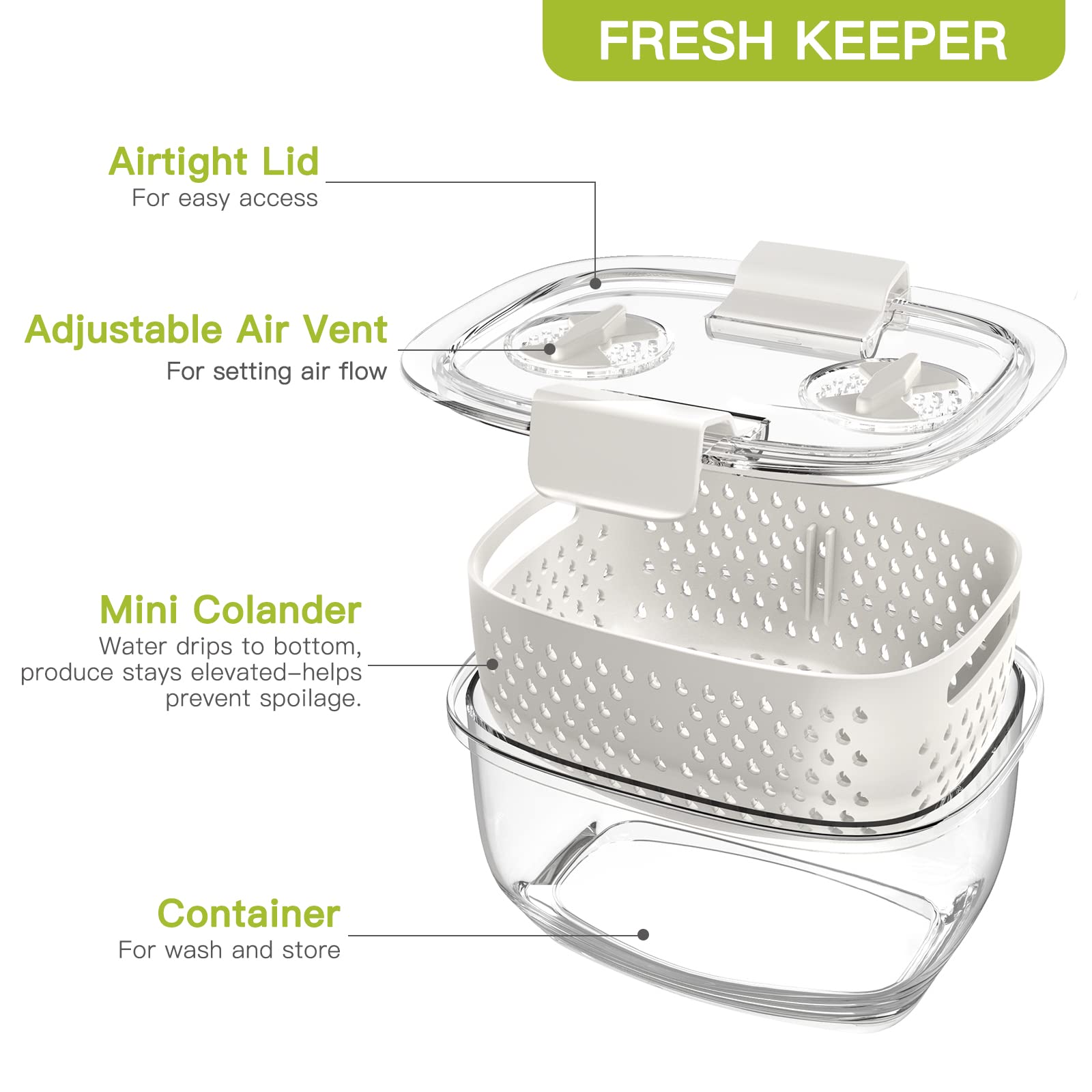 LUXEAR Fresh Produce Vegetable Fruit Storage Containers 3Piece Set, BPA-free, Partitioned Salad Container, Fridge Organizers, Used in Storing Fruits Vegetables, White