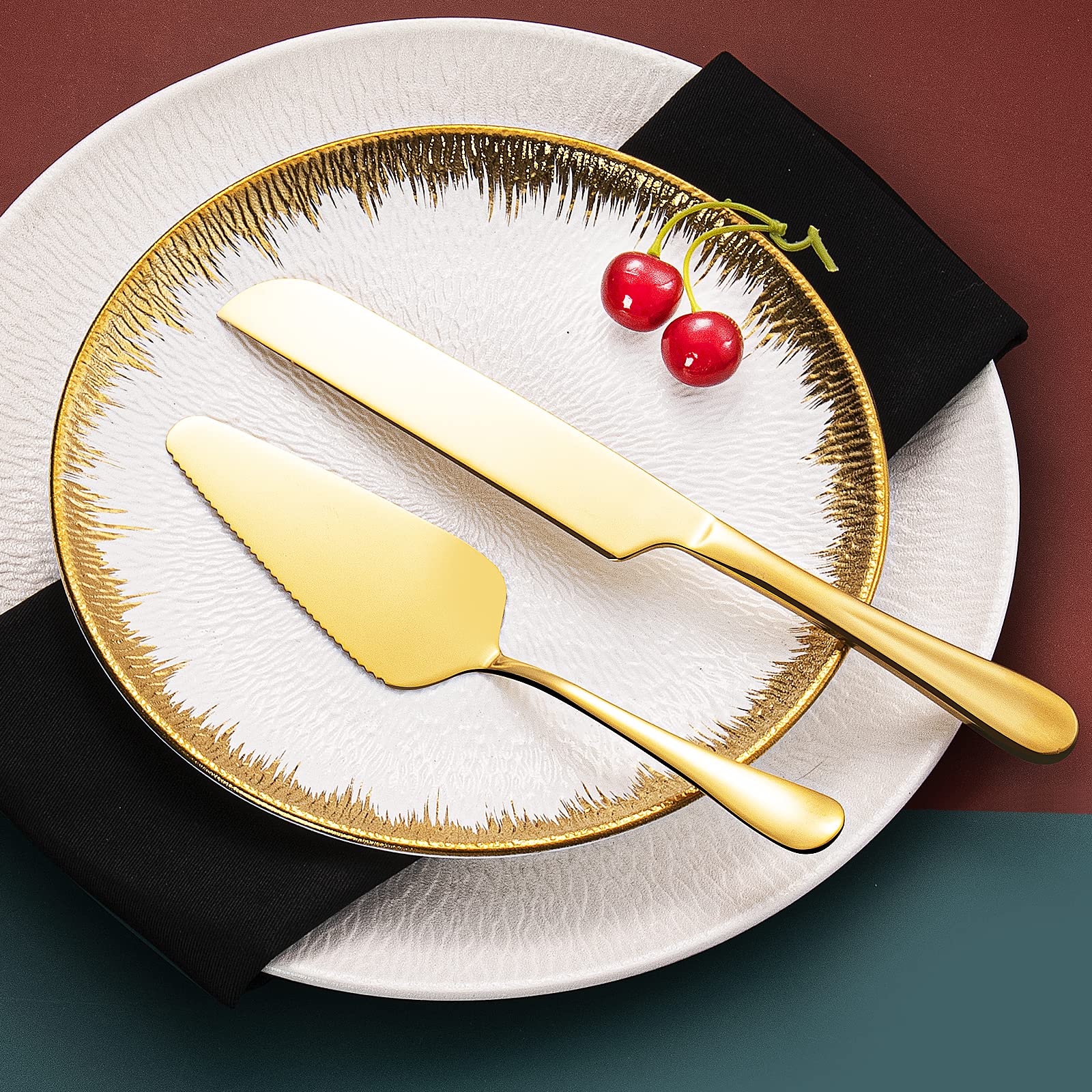 Mamajardin Cake Cutting Set for Wedding - Elegant Knife and Server Set with Stainless Steel Rounded Edges, Cake Cutter Pie Spatula Birthday Anniversary Easter Mother's Day Gifts of 2, Gold