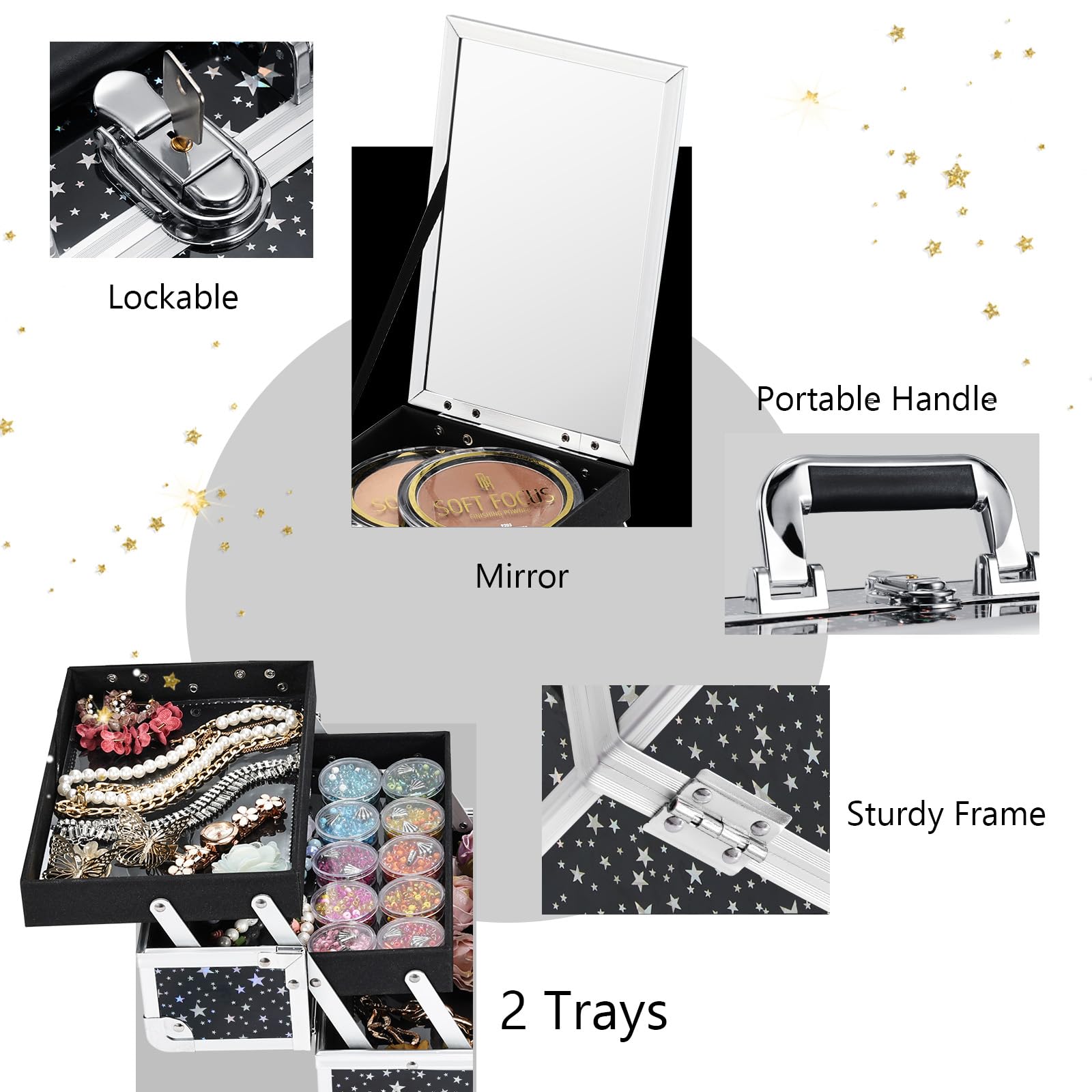 Joligrace Makeup Train Case Cosmetic Storage Jewelry Organizer Lockable with Keys and Mirror 2-Tier Tray Portable Carrying with Handle Travel Storage White Star