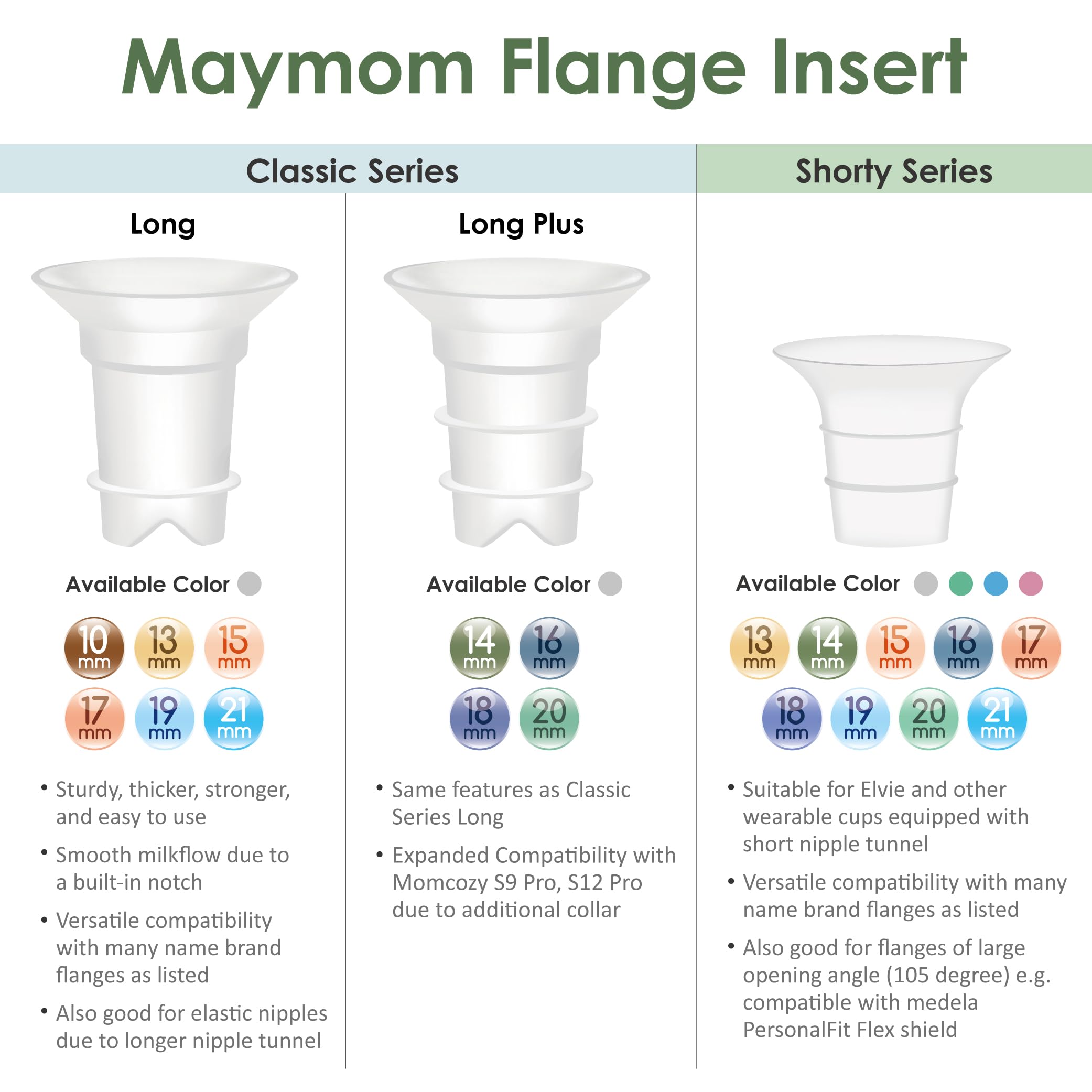 Maymom Flange Inserts 10mm (Long) Compatible with Medela 24mm PersonalFit Shield, Spectra 24mm, Freemie 25mm Cup, Willow 24 mm Cup, Compatible with Momcozy Wearable 24mm Cup (S9, S10, S12); 2pc/pk