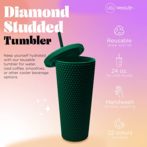 Matte Studded Tumbler with Lid & Straw, Reusable BPA Free Plastic Water Bottle, Travel Friendly Water/Iced Coffee/Cold Brew/Smoothie Textured Cold Cup, 24oz (Forest Green)