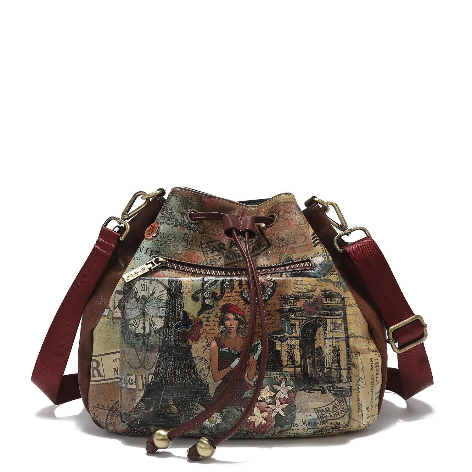 Nicole Lee Paris Fashion Week Medium Bucket Bag, Drawstring Crossbody, Butterfly Flower Embellishments, Multiple Pockets