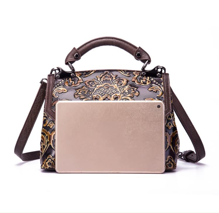 LMKIDS Genuine Leather Purses and Handbags for Women,Organizer Top Handle Satchel Vintage Embossing Totem Shoulder Bag (Coffee)