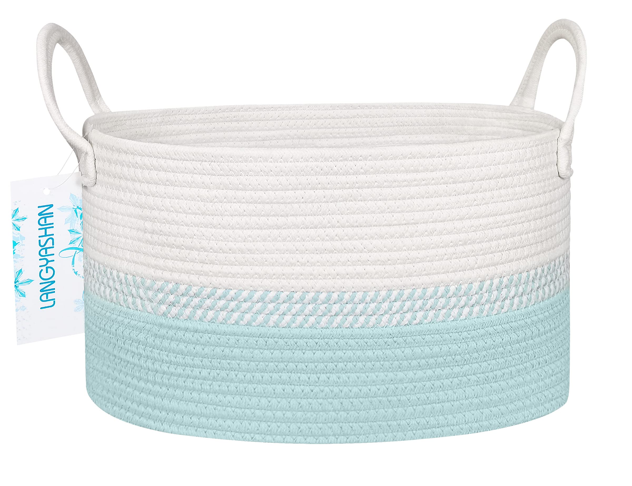 LANGYASHAN Rectangular Woven Rope Basket Decorative Blanket Basket for Living Room Storage or Nursery Laundry Hamper Basket with Handles Laundry Basket(Blue)