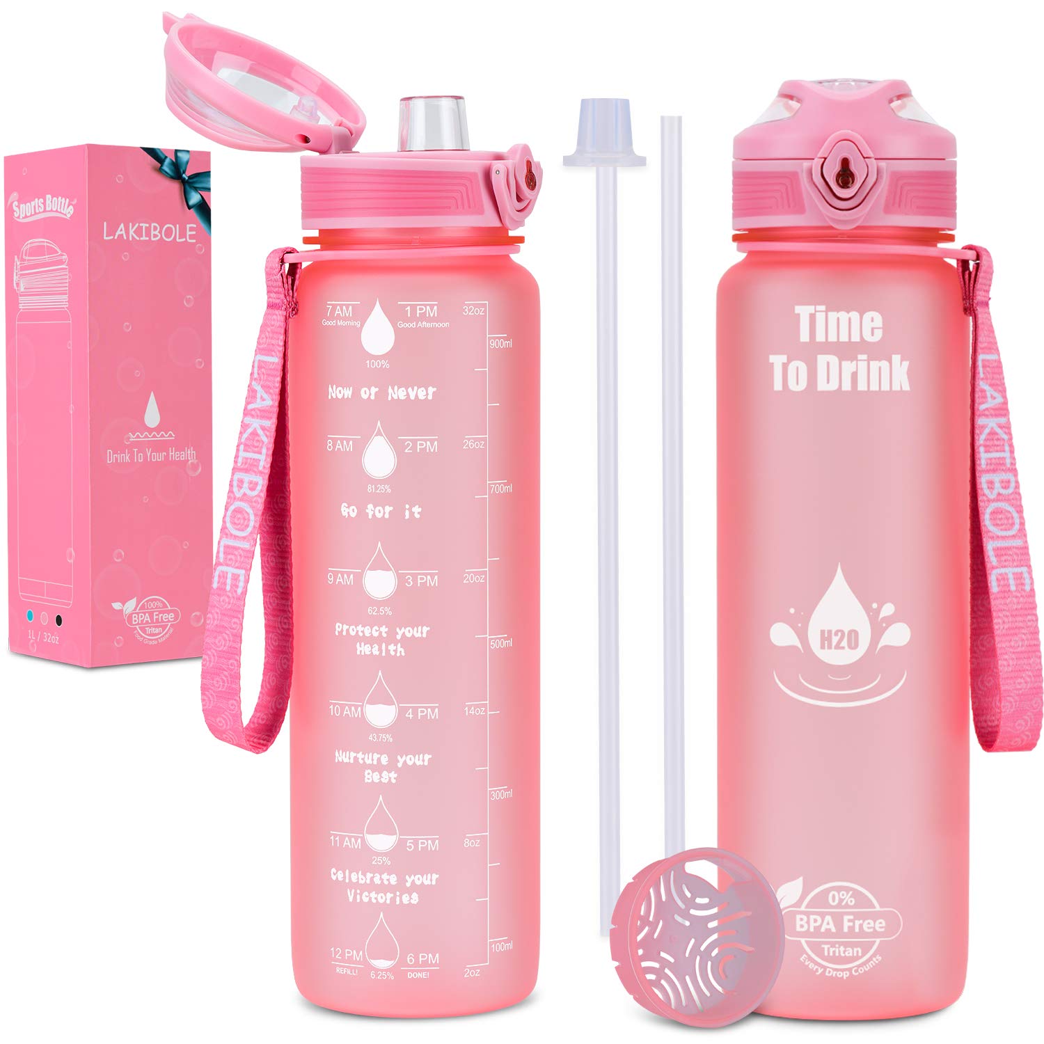 LAKIBOLE 32 oz Water Bottle with Time Marker with Straws, Time to Drink Water Bottle for Office, Gym, Home, Health Gift - Pink