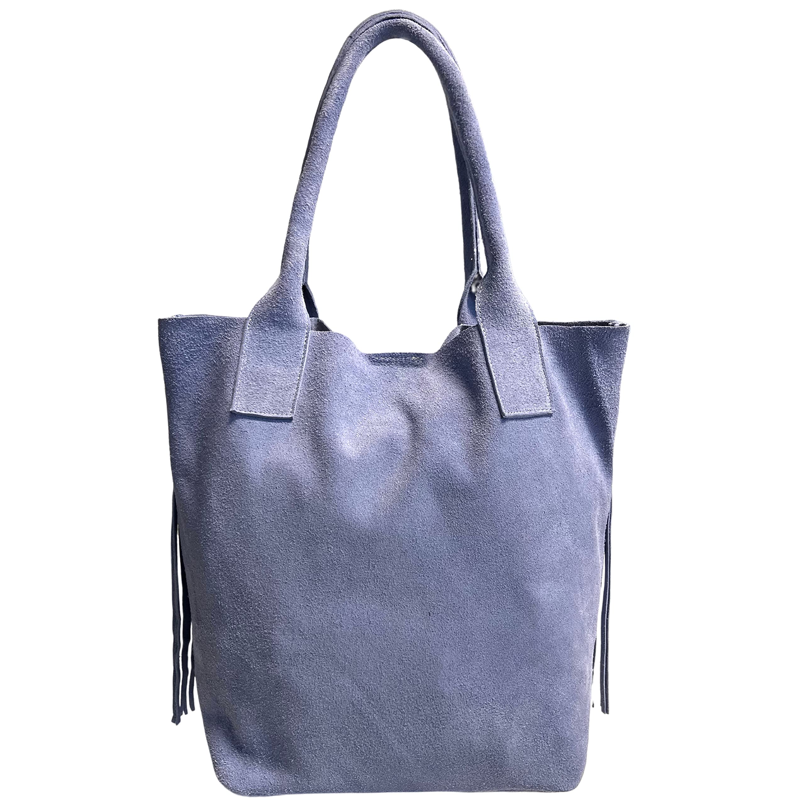 Modarno Women Genuine Suede Fringe Shopper Bag Plus Case for Same Color Jewelry - Handbag - Shoulder Bag, Blue Purple
