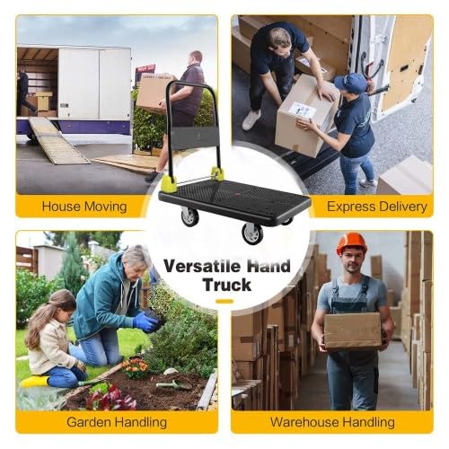 Platform Cart Heavy Duty 660lbs, Dolly Folding Warehouse Platform Truck, Flat Bed Carts with Wheels