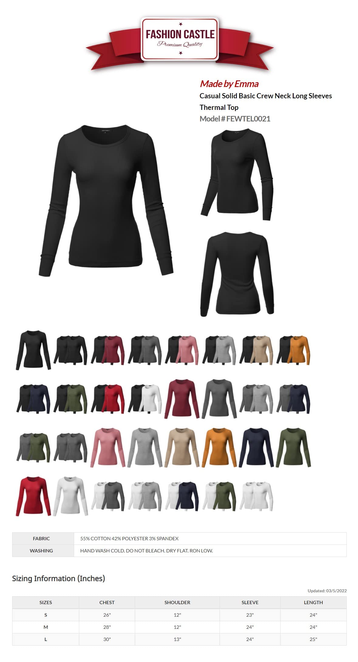 Made by Emma Casual Solid Basic Crew Neck Long Sleeves Thermal Top Navy S