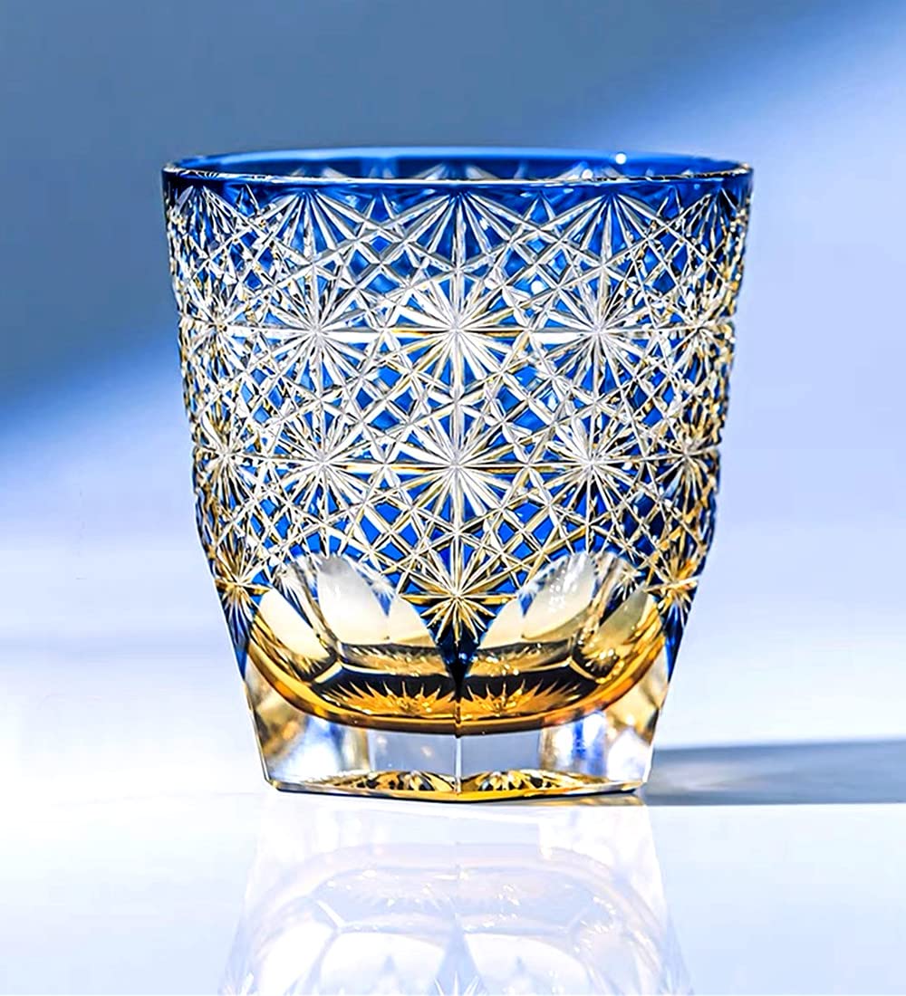JEMQ Edo Kiriko Color Hand Cut Crystal Glass Tumbler Whisky Gass 9 Oz Glassware with Luxury Gift Box, Suitable for Cocktail Whisky Drink Red Wine Vodka (Blue)