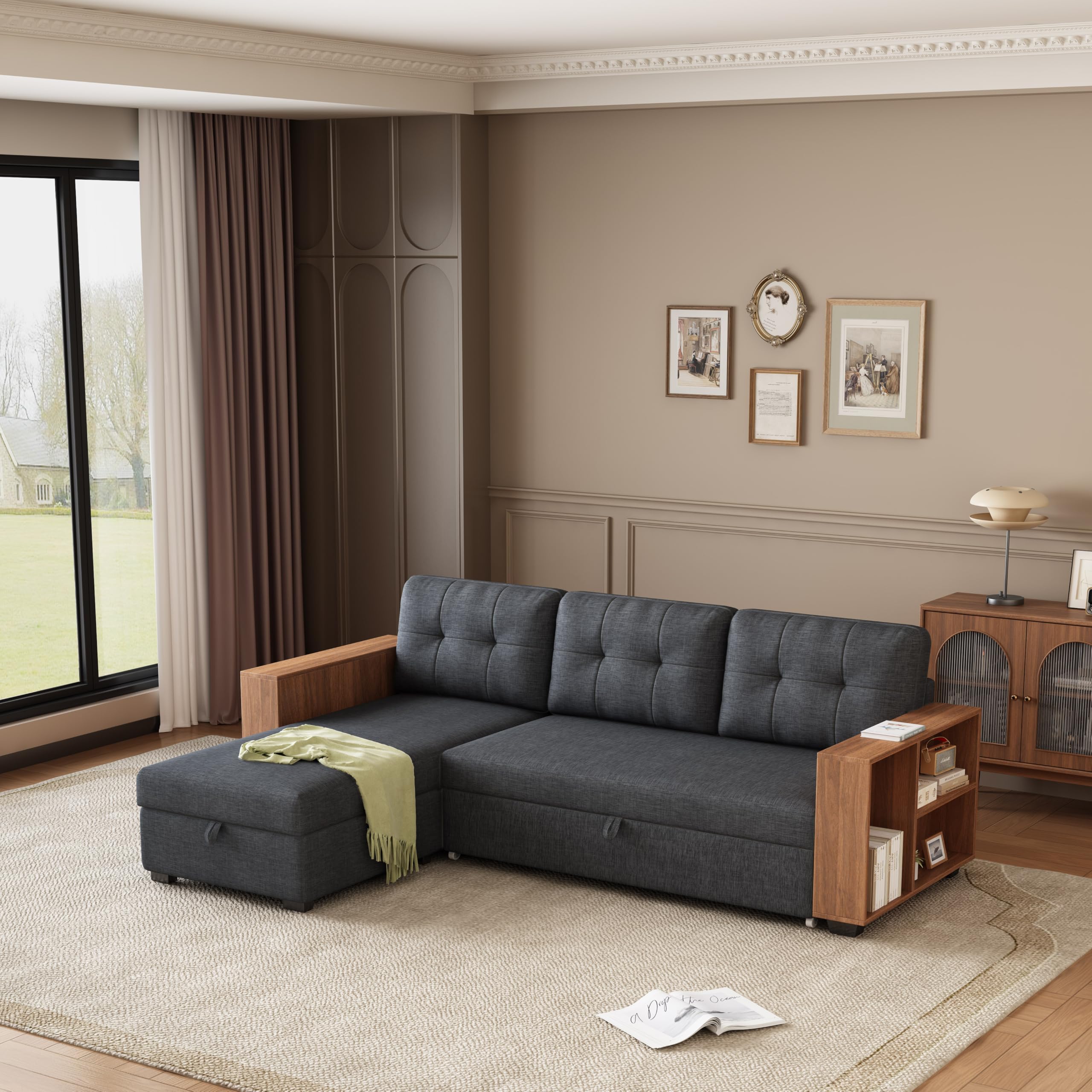 YOPTO 84" Convertible Sectional Couch with Pull Out Bed and Storage Chaise,L Shaped Sleeper Sofa W/Wood Cabinet Armrests&Removable Back Cushions,Living Room Furniture for Home,Office,Dark Grey