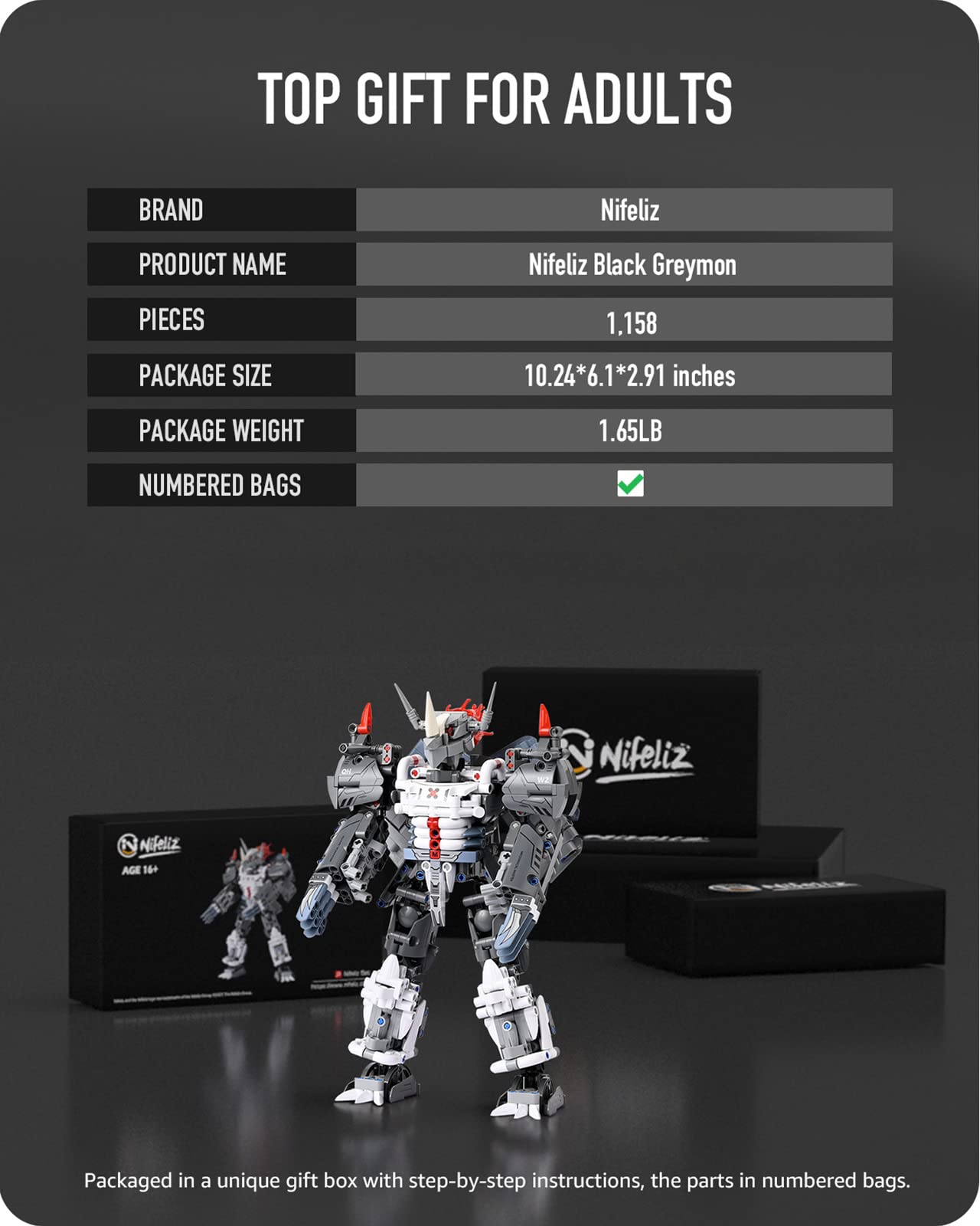 Nifeliz Black Greymon, Iconic Mecha Display Set, Collectible Monster Model Toy for Adult Gift Giving (1,158 Pieces)