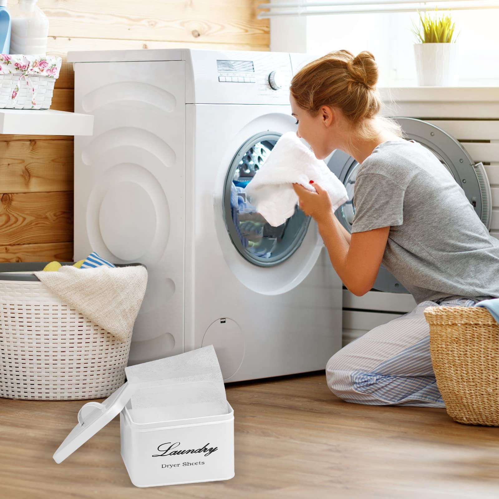 Modern Farmhouse Metal Laundry Dryer Sheets Holder Fabric Softener Dispenser with Lid for Laundry Room Decor and Accessories & Space Saving Laundry Room Organization and Storage