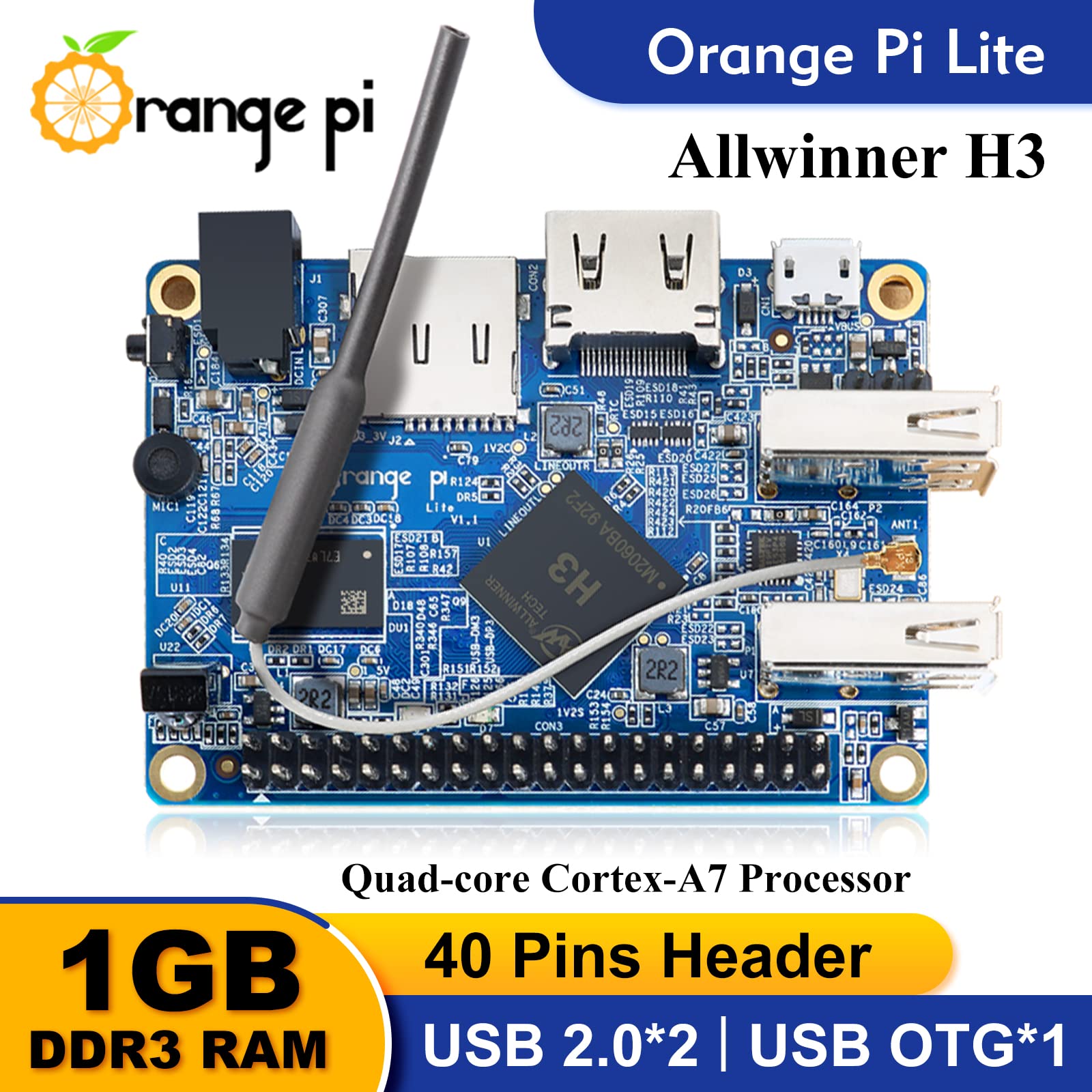 Orange Pi Lite 1GB DDR3 Allwinner H3 Quad Core Open-Source Single Board Computer, Microcontroller Support Android, Ubuntu, Debian Image (Pi Lite 1GB + Power Supply + Case)