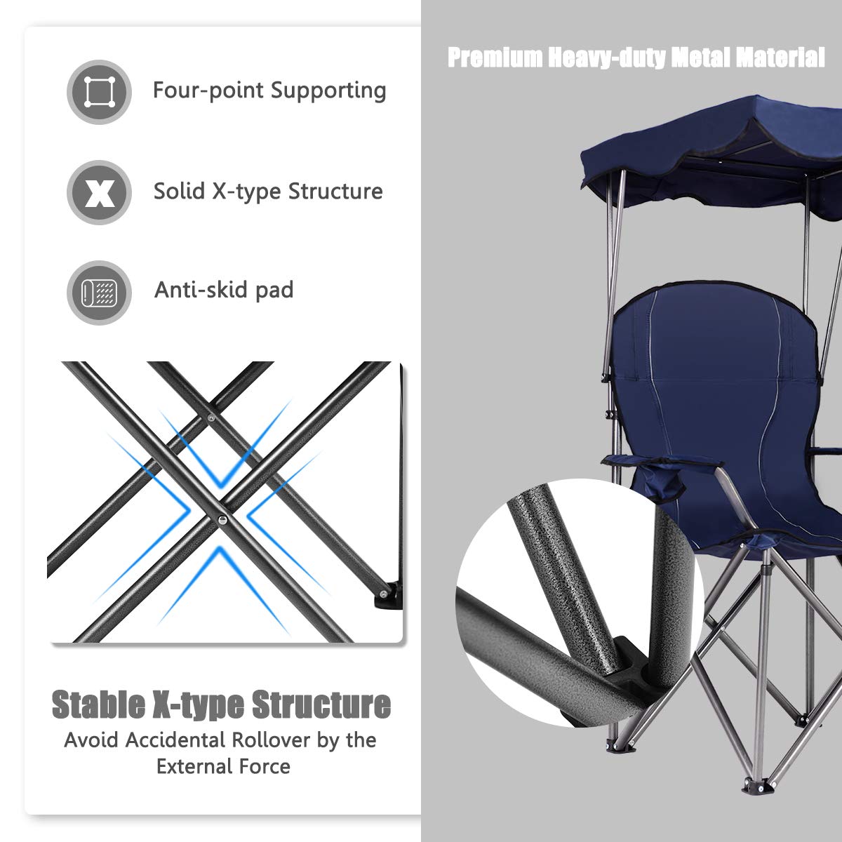 GYMAX Canopy Camping Chair, Folding Sport Chair with Sunshade & Carrying Bag, Portable Heavy Duty Chair for Beach, Poolside, Travel Picnic (Blue)