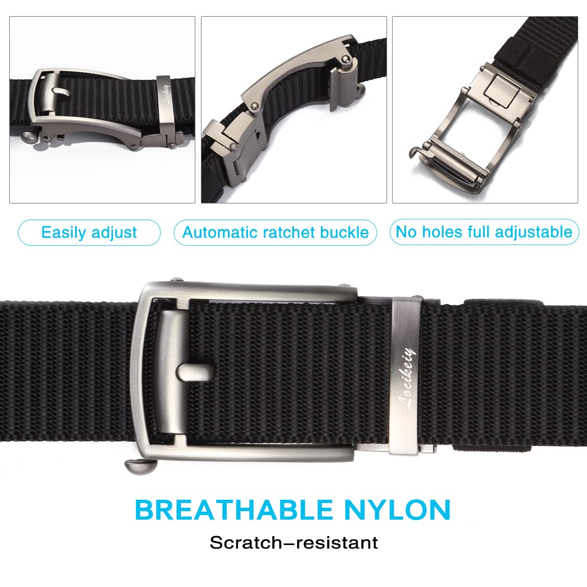Locikeiy Ratchet Belts for Men, Nylon Web Tactical Belt with Automatic Slide Buckle,golf belts for men Adjustable Gun Belt(Size up to 48")-Black