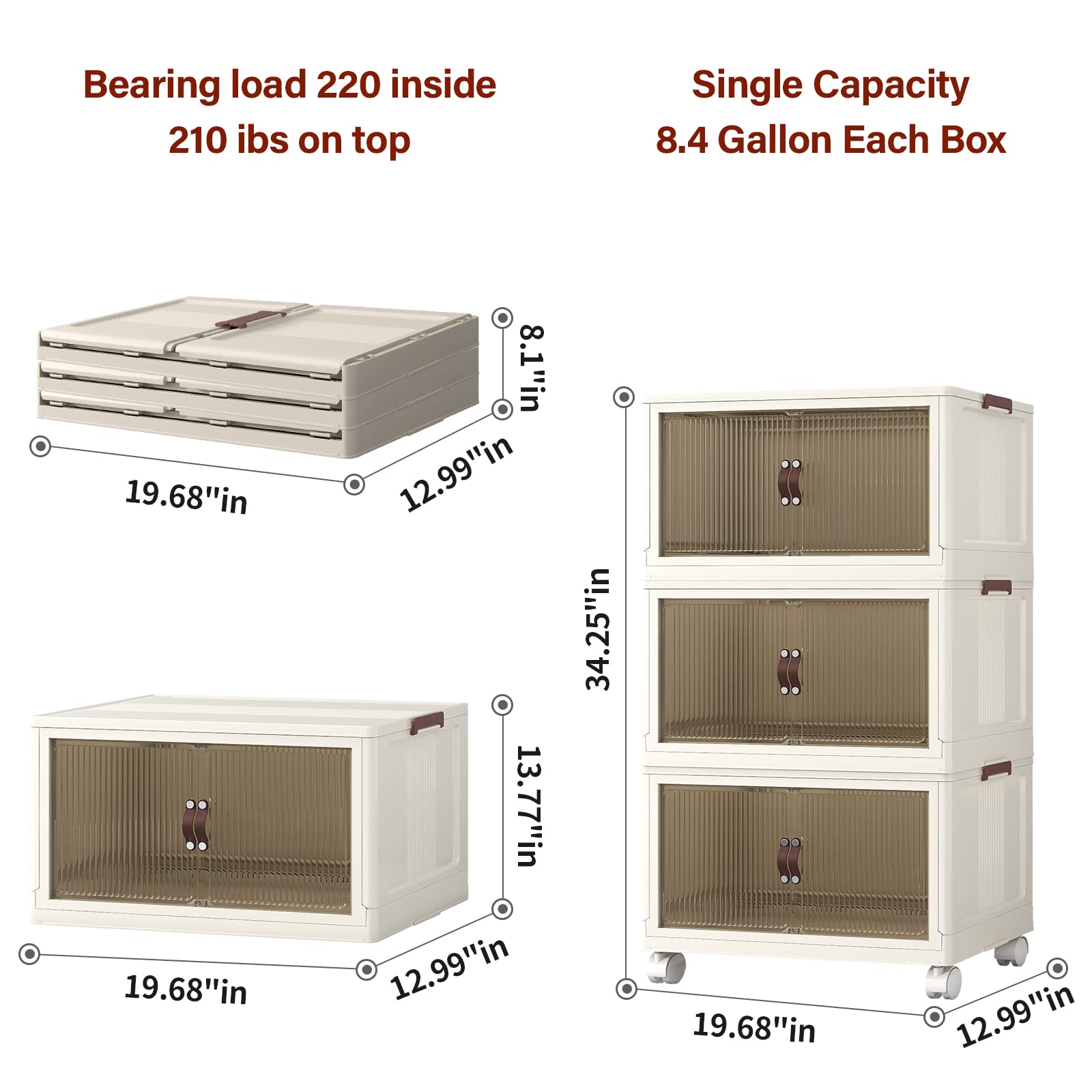 KHNR Stackable Storage Bins Open Front,5 Packs White Closet Organizers and Storage,Collapsible Storage Bins with Lids and Wheels