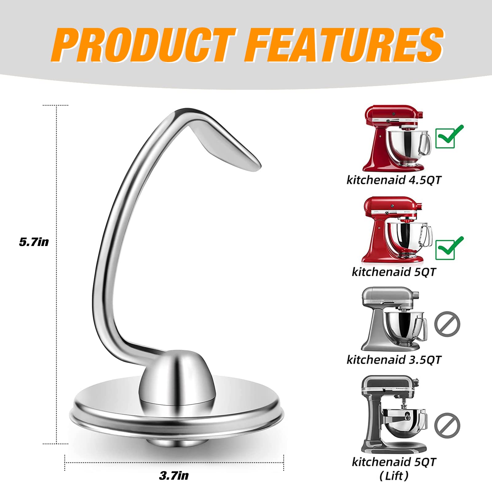 Kitchen Dough Hook For KitchenAid,Stainless Steel Kitchen Dough Hook For KitchenAid,Contain Stainless Steel Dough Hook Attachment, Stand Mixer Dough Hook for 4.5-5Q Tilt Mixer,Dishwasher Safe