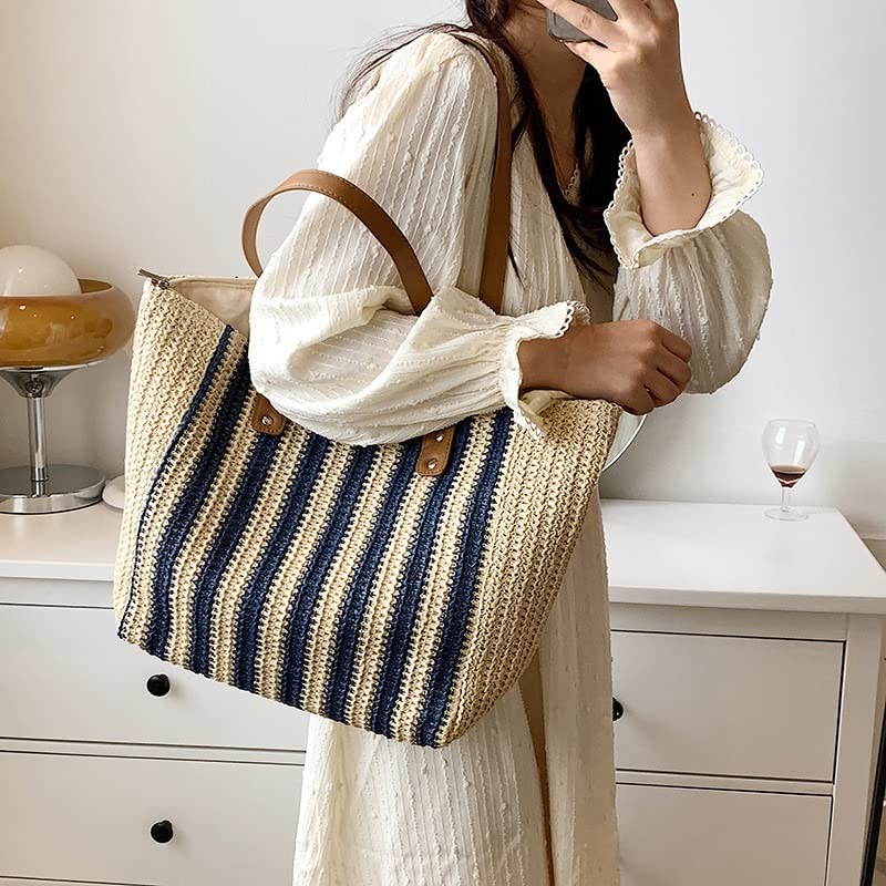 N/A Summer Striped Straw Bag Women Woven Shoulder Handbag Rattan Handmade Beach Bag Large Capacity Totes (Color : B, Size : One Size)