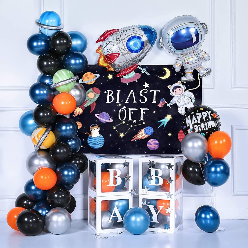 Night Blue Space Theme Astronaut Rocket Balloon Set Boys Birthday Party Decoration Arrangement Balloon Arch Kit Garland Decorations Set