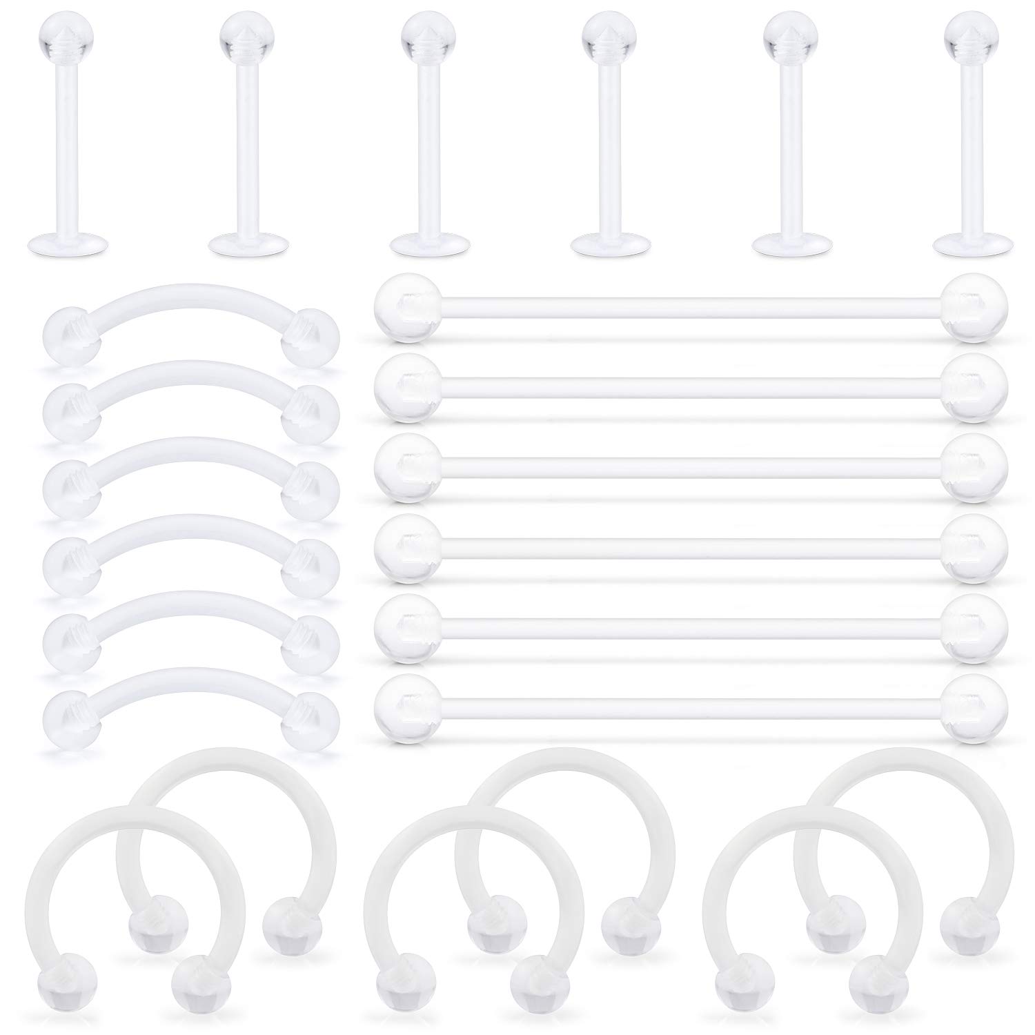 Hoeudjo Clear Cartilage Earrings Piercing Retainers 24Pcs Flexible Acrylic Helix Hoop Bioflex Nose Lip Stud Eyebrow Tragus Septum Horseshoe Rings Body Jewelry for Work