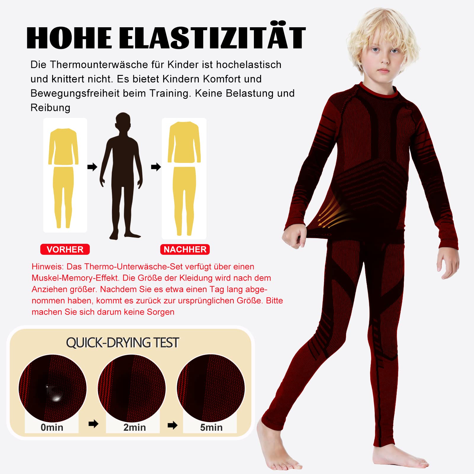 MEETYOO Thermal Underwear Set for Kids, Seamless Long Johns for Boys, Ski Base Layer Leggings & Shirt for Child 6-15 Years Red
