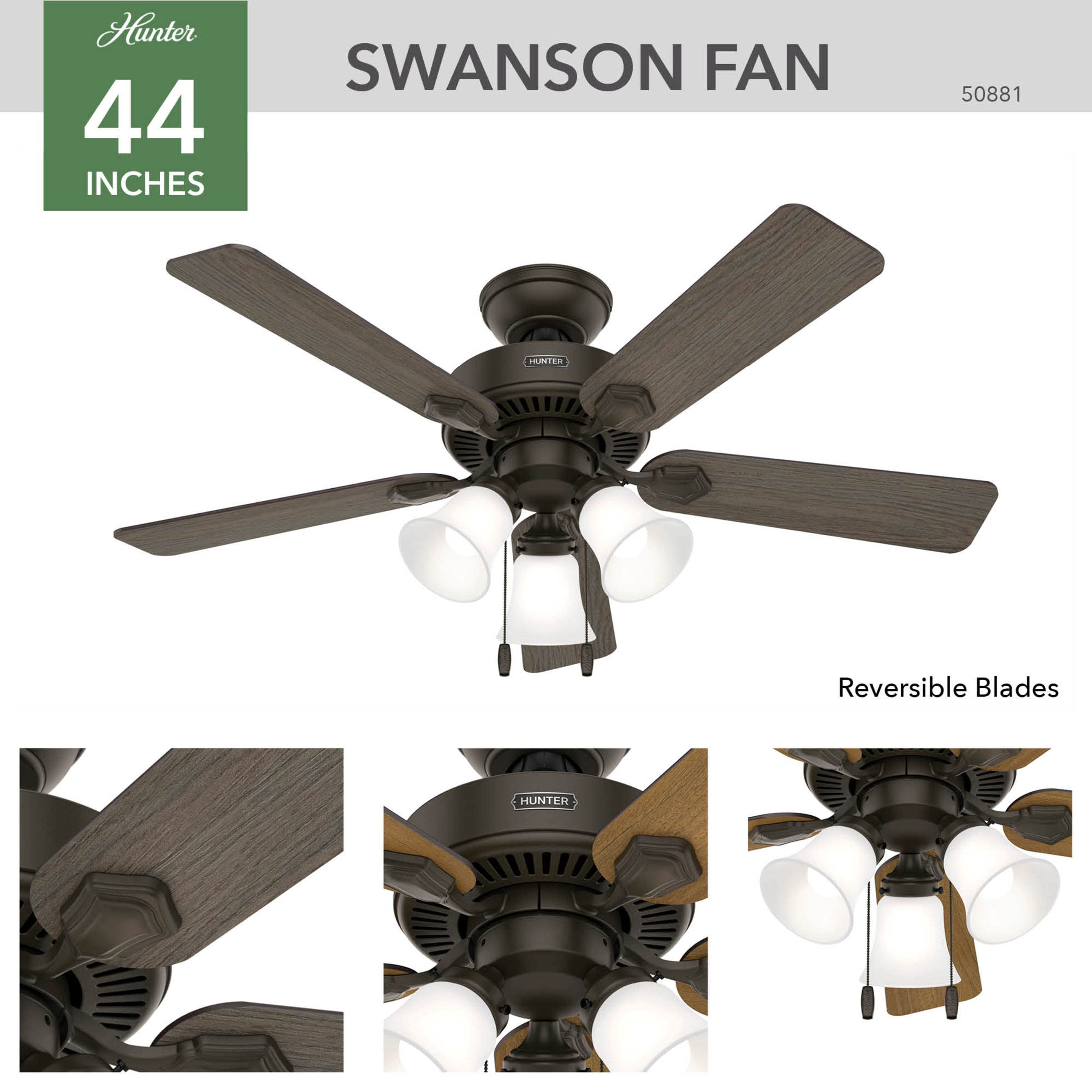 Hunter Fan Company, 50881, 44 inch Swanson New Bronze Ceiling Fan with LED Light Kit and Pull Chain