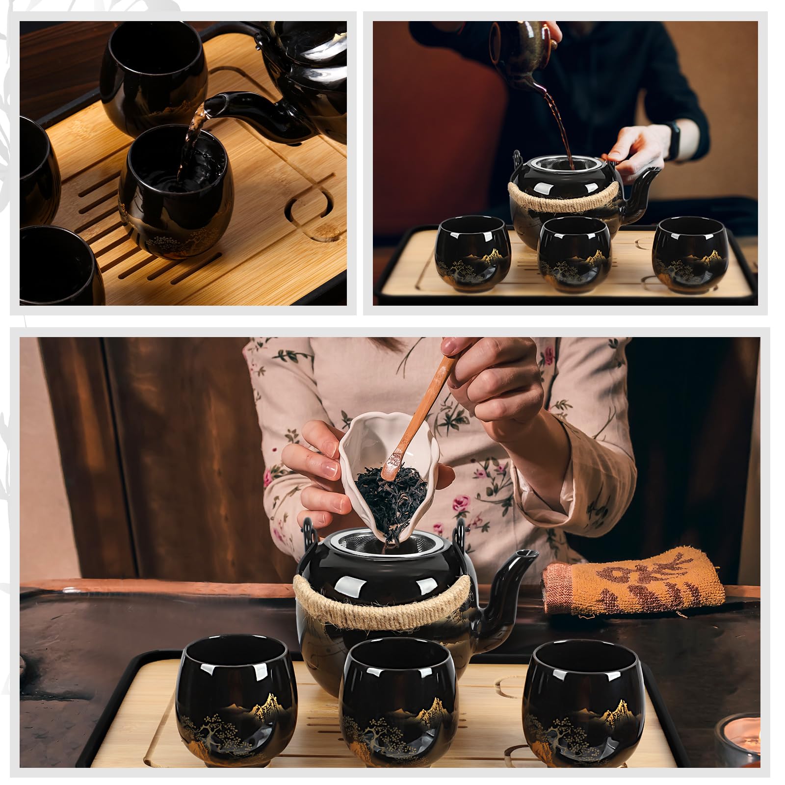 Hushee Japanese Tea Set in Gift Box Asian Tea Set Magic Teapot with 1 Teapot, 6 Tea Cups, 1 Tea Tray, 1 Stainless Infuser, Black Ceramic Chinese Porcelain Tea Set Gift for Tea Adult Lover Office Home