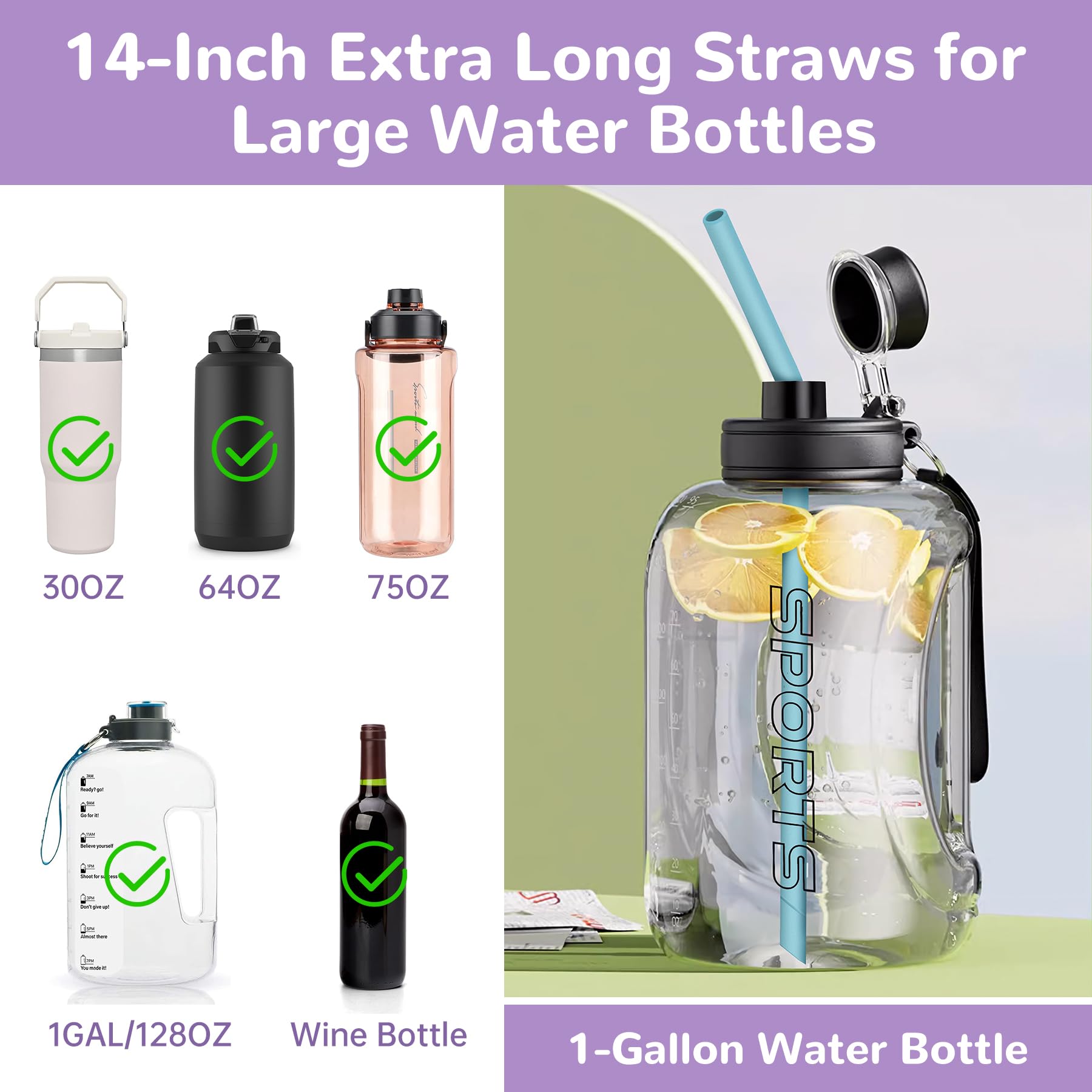NiHome 14PCS Silicone Straws for Stanley 40oz 30oz Tumbler, 14” Extra Long Reusable Drinking Straw, Flexible Can Cut Length for 1/Half Gallon 75 64 OZ Large Water Bottle - 2 Cleaning Brushes (Rainbow)
