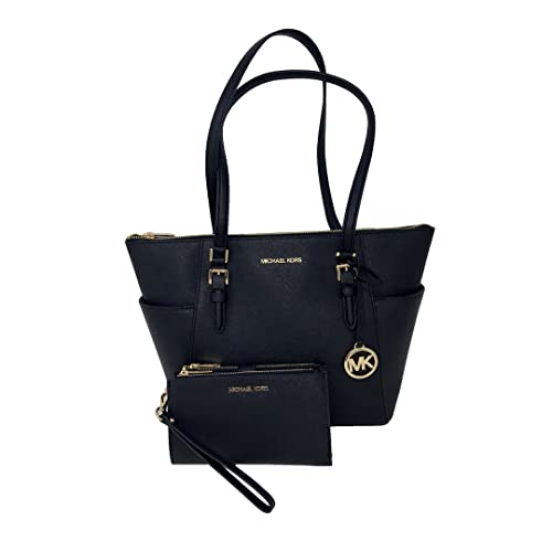 Michael Kors Jet Set Travel bundle with Trifold Wallet Handbag, satchel, Purse for Women, Convenient design and style, multiple pockets, saffiano Leather, Adjustable. Black