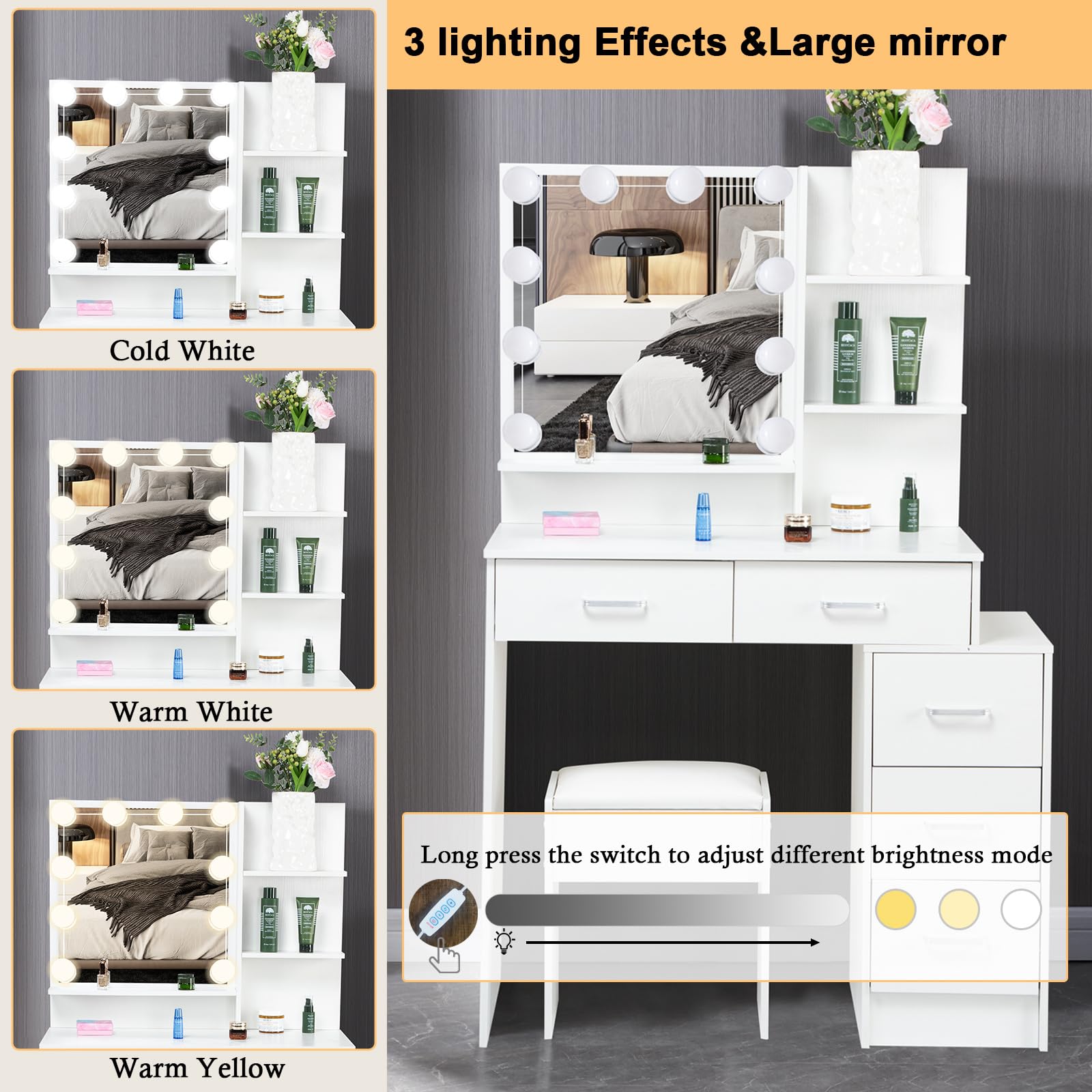 Jarbalai White Vanity Table with Mirror and Lights, Vanity Desk with Bedside Table, Vanity Set with 5 Drawers and Cushioned Stool for Bedroom