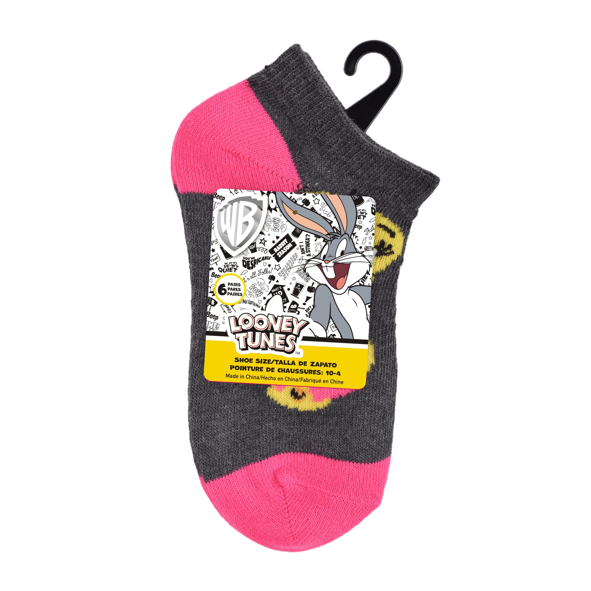 Looney Tunes Girls' 6-Pack No Show Socks, Charcoal Heather, 6/8