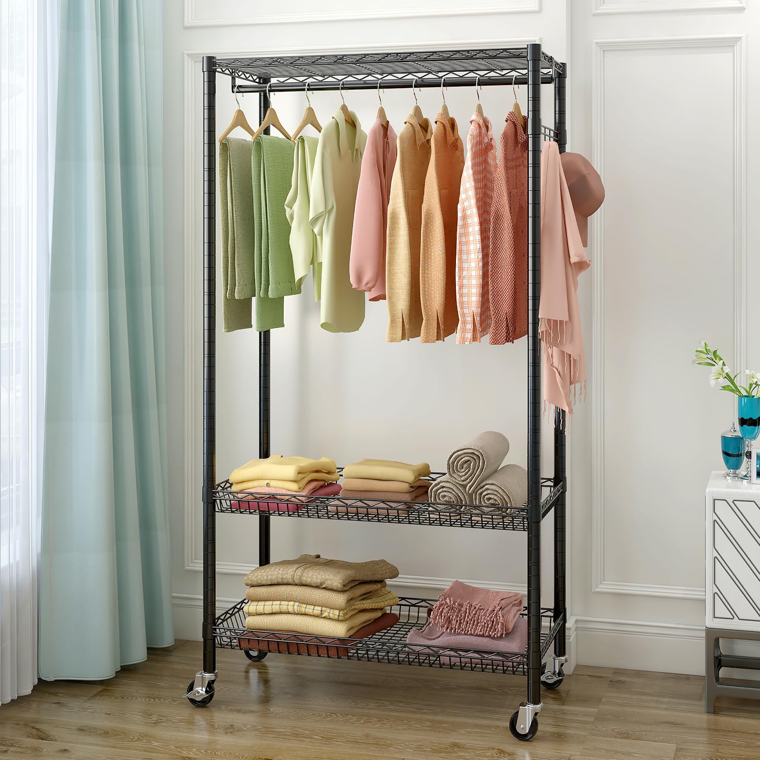 Heavy Duty Rolling Rack,Closet Organizer Metal Garment Rack Portable Clothes Hanger Home Shelf,Freestanding Closet Wardrobe (35.43x 17.72 x 72.83)