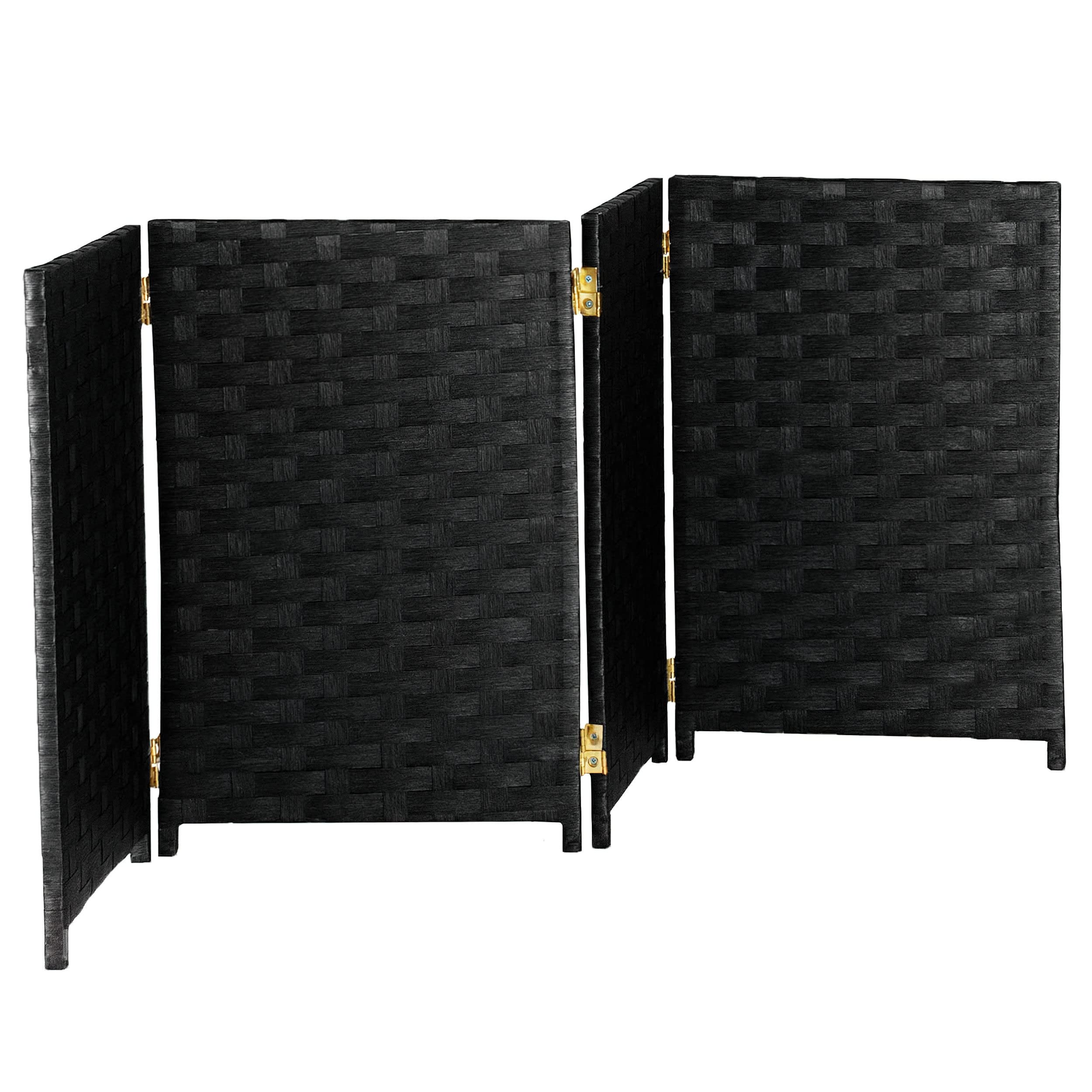 Red Lantern 2 ft. Short Woven Fiber Folding Screen - 4 Panel - Black