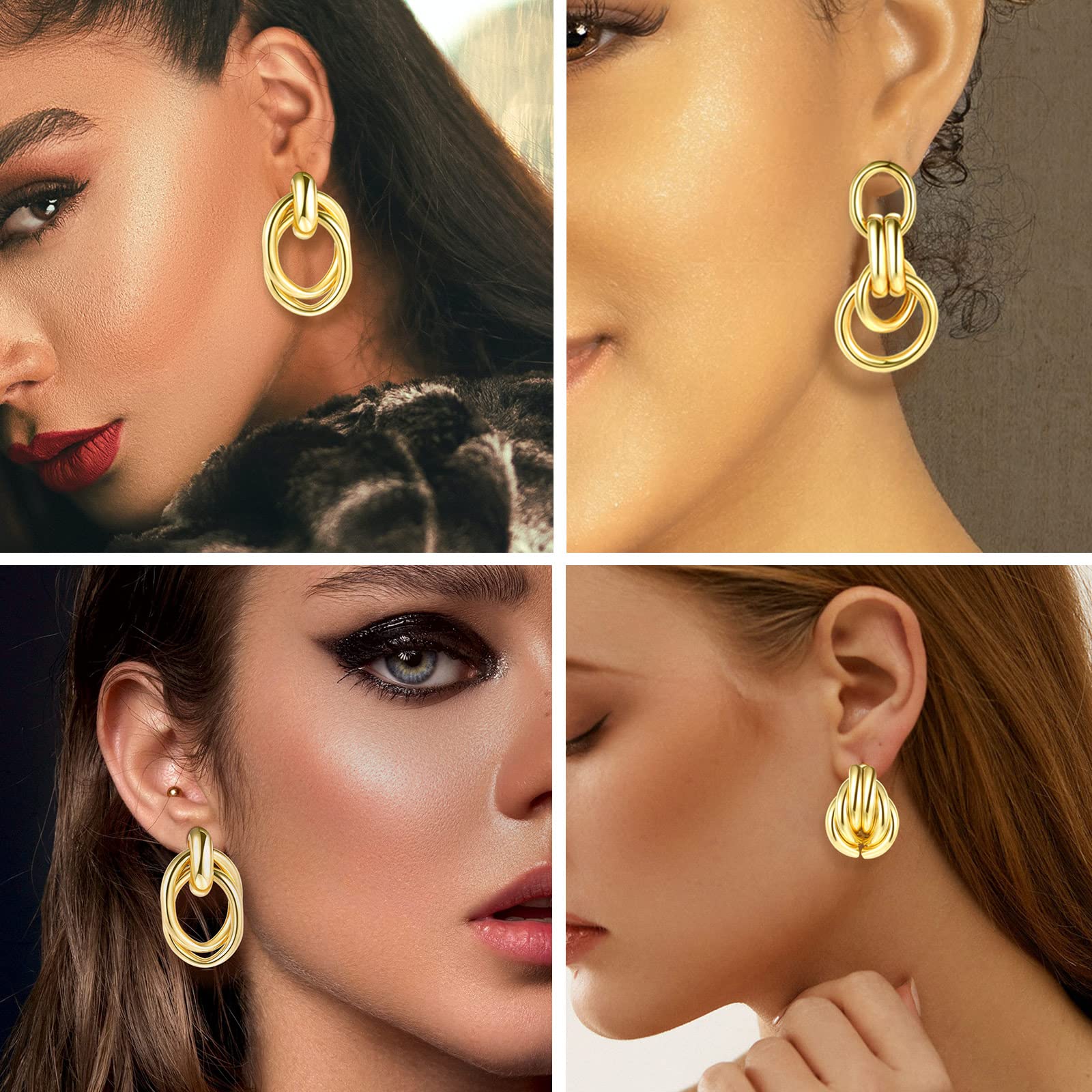 Mevorimp 3 Pairs Gold Hoop Drop Earrings Geometric Double Circle Knot Dangle Chunky Long Chain Statement Earring Sets for Women Birthday Gifts