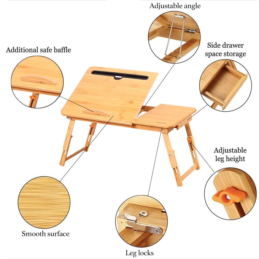 Lap Desk, DELAM Foldable Bamboo Laptop Bed Desk, Adjustable Height Breakfast Serving Bed Tray Table with Tilting Top Storage Drawer for Work Office Bedroom Reading Writing Eating