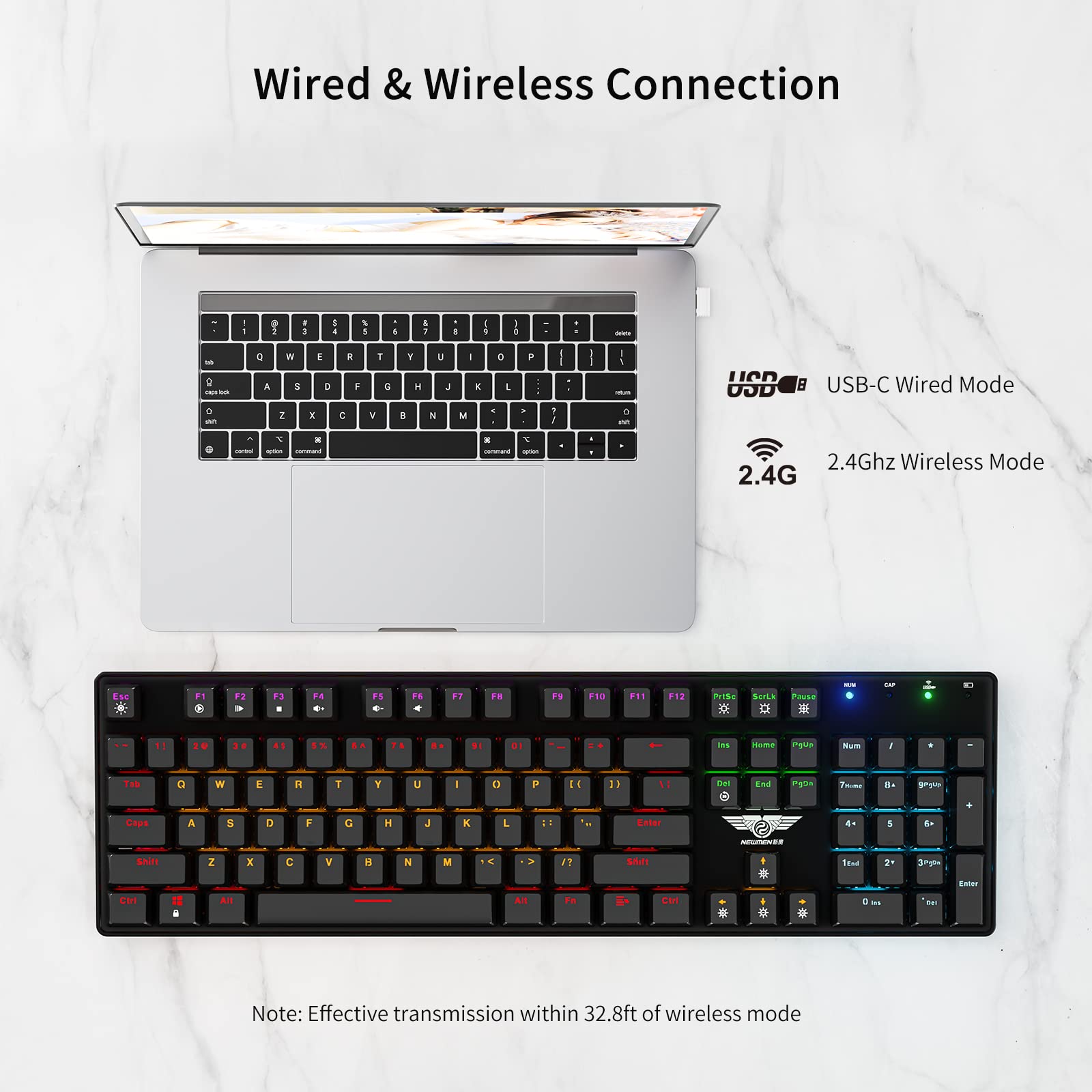 Newmen GM335 Hot Swappable Mechanical Keyboard Wireless 2.4Ghz/Wired USB C Gaming Keyboard Anti-ghosting LED Backlit Wireless Ergonomic Mechanical Keyboard for Mac Windows PC Gamer(Red Switch)