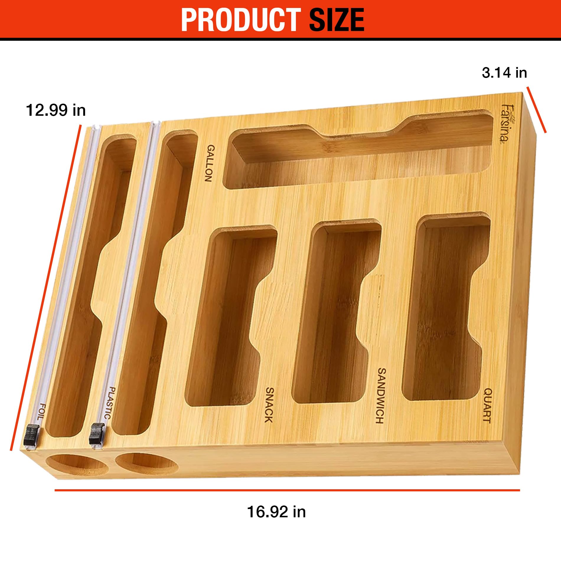 Kitchen Bag Storage Organizer 6 in1 Bamboo Foil and Plastic Wrap Dispenser with Cutter for Kitchen Drawer Suitable for Gallon Quart Sandwich Snack Bag