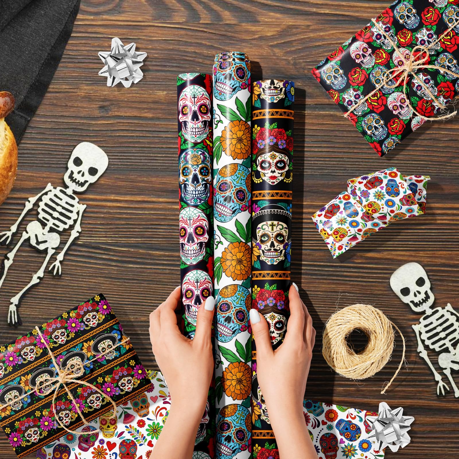 YVAINE 12 Sheets Day of the Dead Wrapping Paper Mexican Sugar Skull Wrapping Paper Folded Flat Art Paper for Dia De Los Muertos Halloween Birthday Party, 20 x 27 Inches