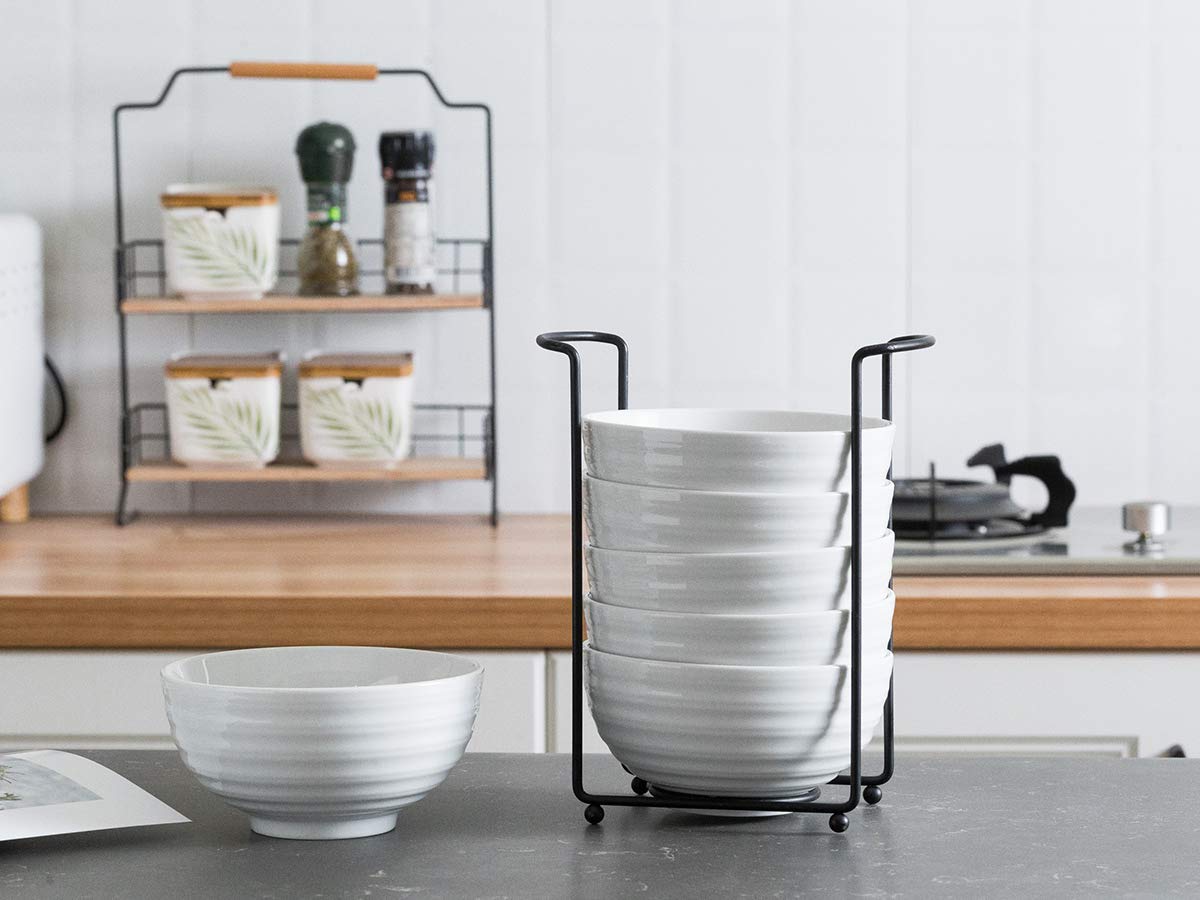 LAUCHUH Stackabel Bowl Set Porcelain Soup Bowls 28 Ounces Cereal Bowl Set with Serving Stand Large Bowl Porcelain Cereal Soup Salad with Bowl Organizer, 6 pack