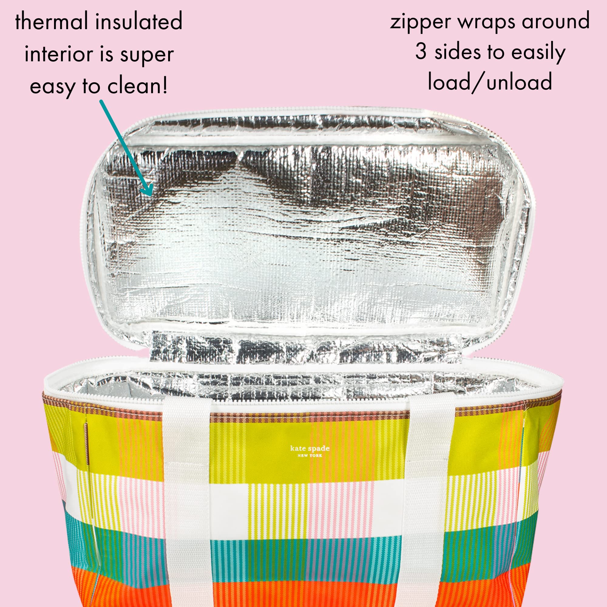 Kate Spade New York Large Capacity Insulated Cooler Bag, Soft Sided Portable Beach Cooler, Insulated Tote for Women, Rainbow Plaid
