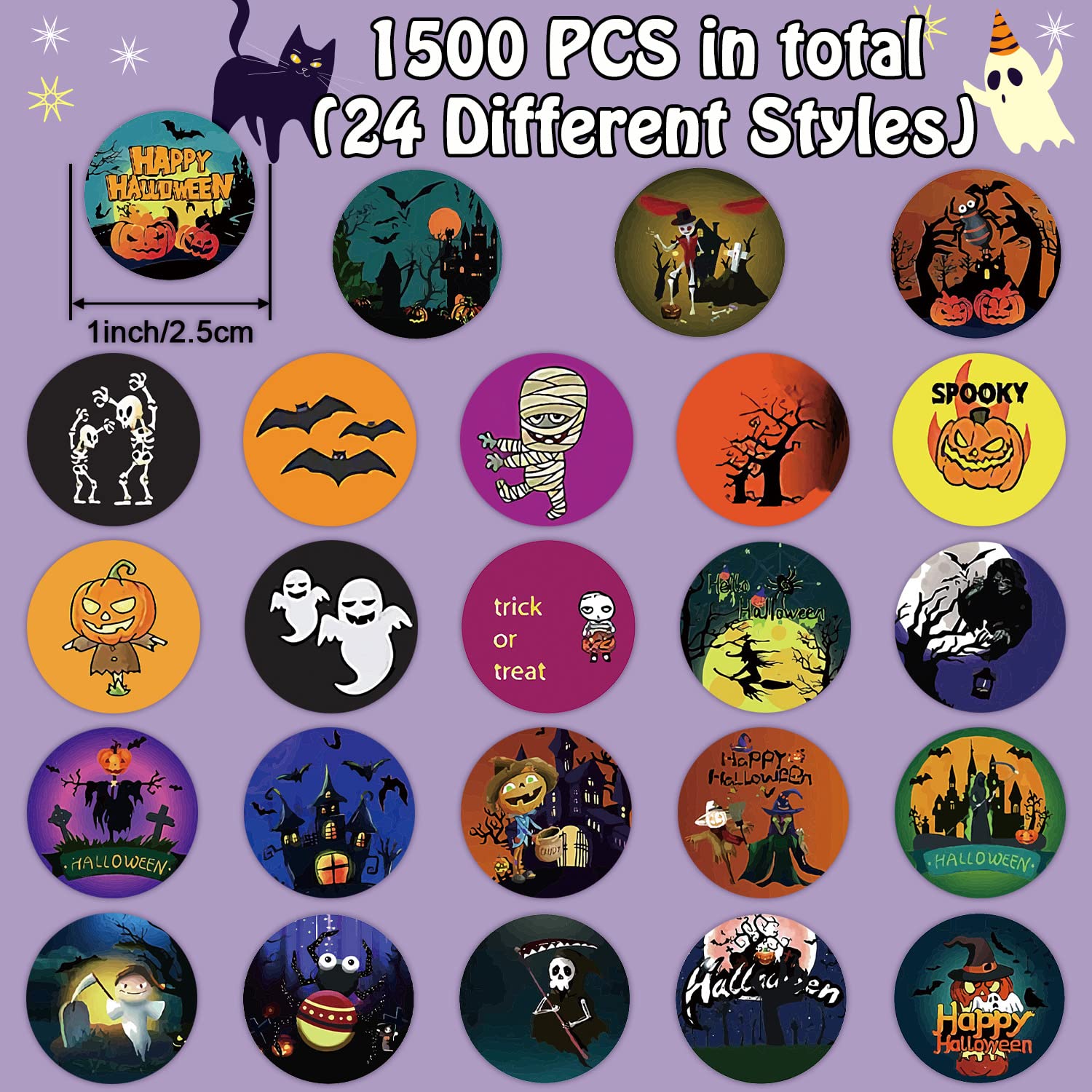Partywind 1500 PCS Halloween Stickers for Kids, 3 Rolls Self Adhesive Halloween Sticker Rolls with Pumpkin Ghost for Birthday Party Decorations, Cute Halloween Holiday Labels
