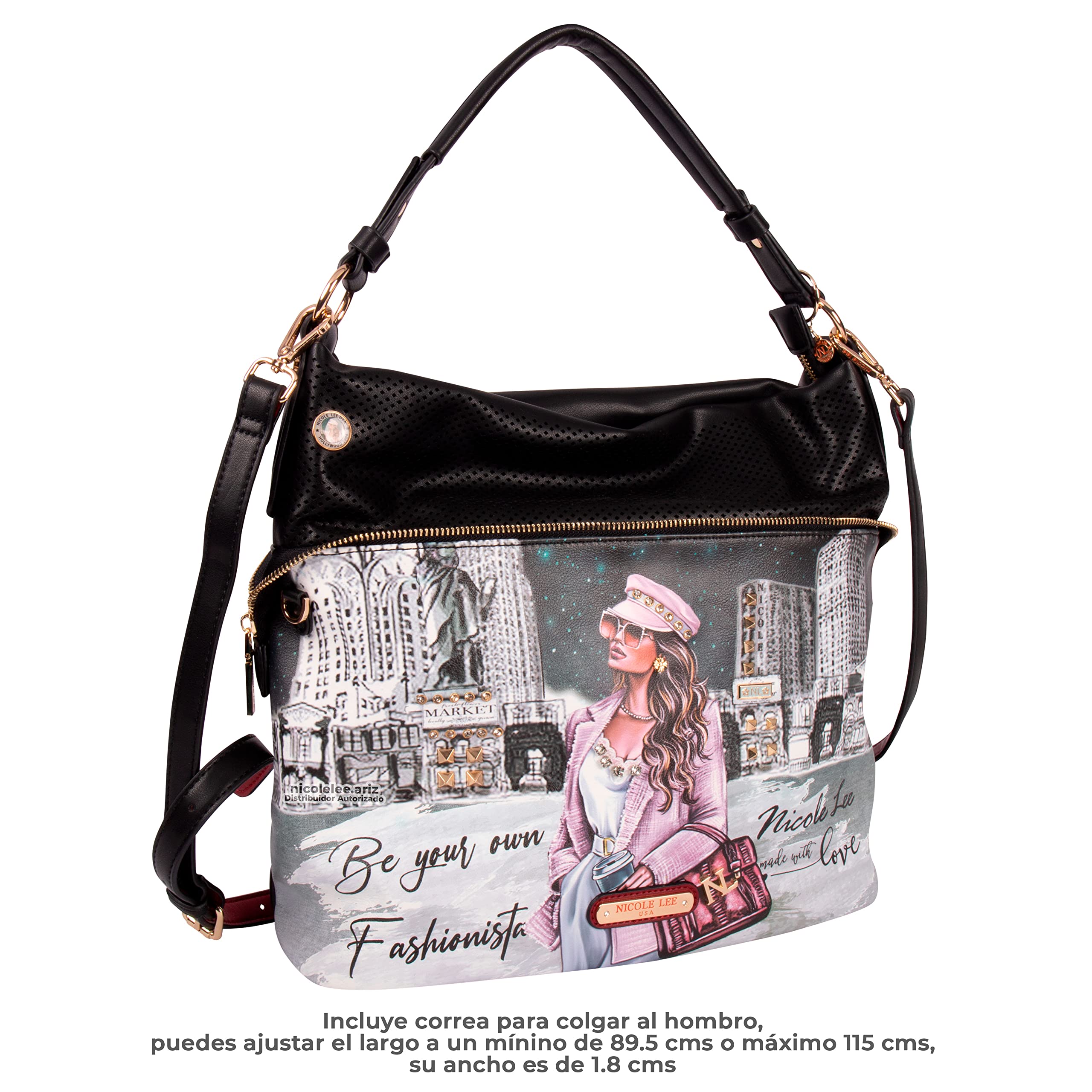 Nicole Lee Sara is Soft but Strong Large Shoulder Bag, Black Diamond Embellished Studded Handbag with Adjustable, Detachable Crossbody Strap