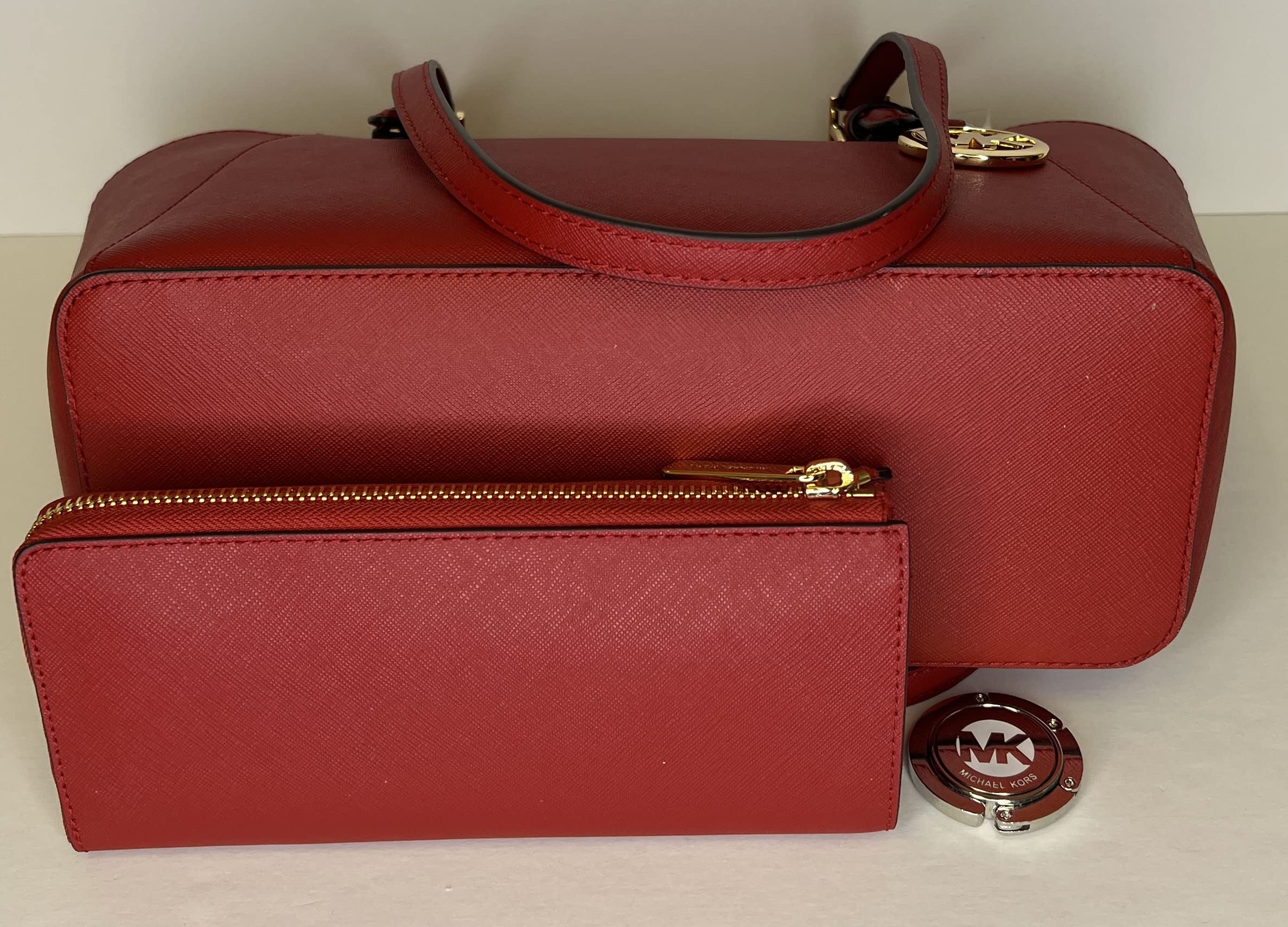 Michael Kors Charlotte Large Top Zip Tote bundled with Quarter-Zip Wallet Purse Hook (Chili Red)